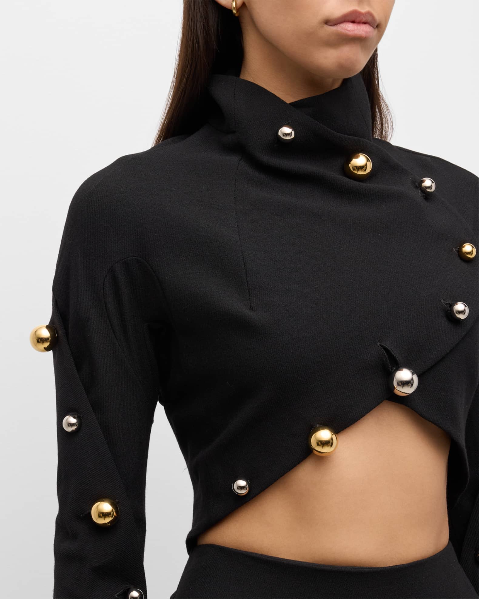 A.W.A.K.E. MODE Octopus Long-Sleeve Buttoned Crop Top | Neiman Marcus