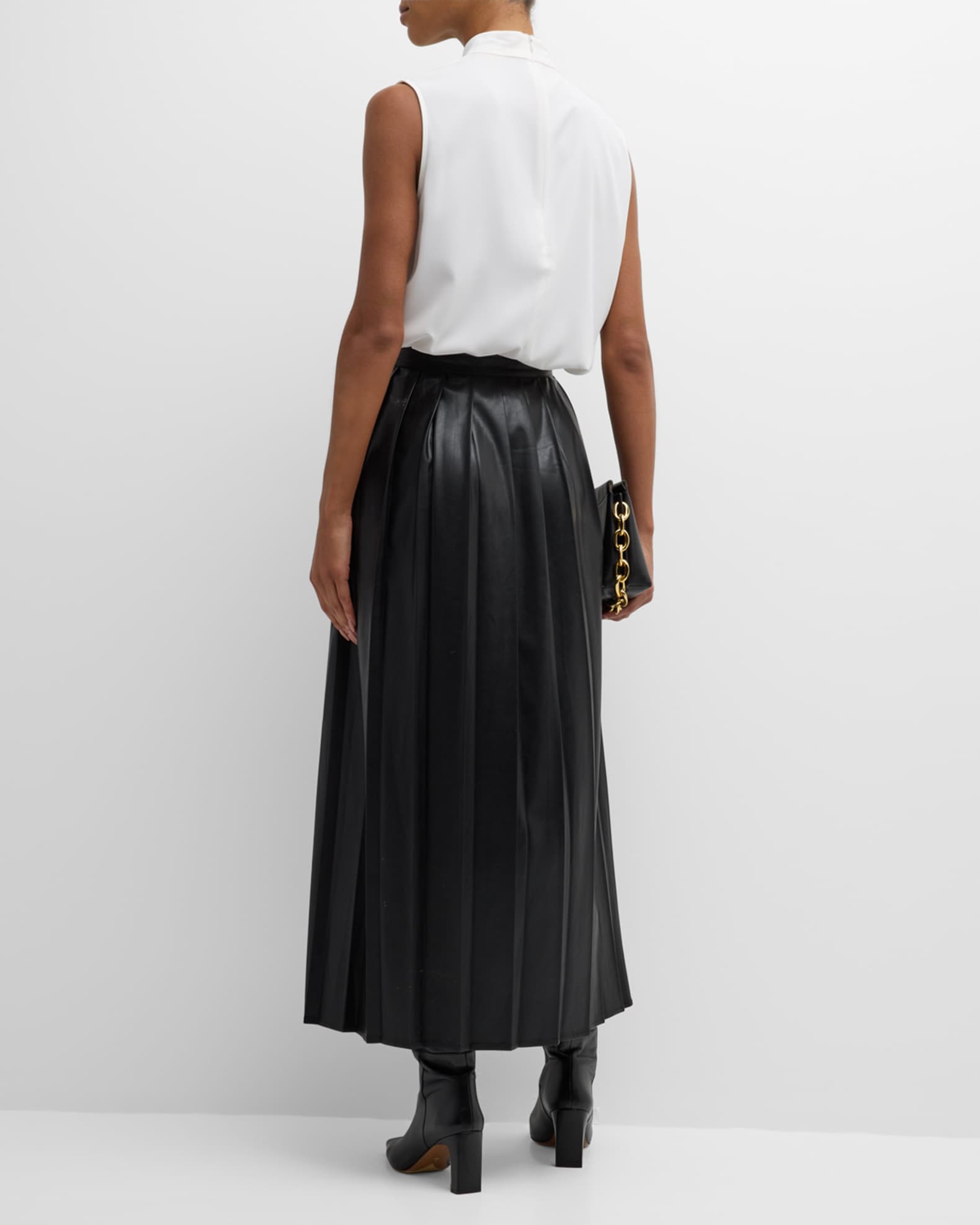 Misook Pleated Vegan Leather Midi Skirt | Neiman Marcus
