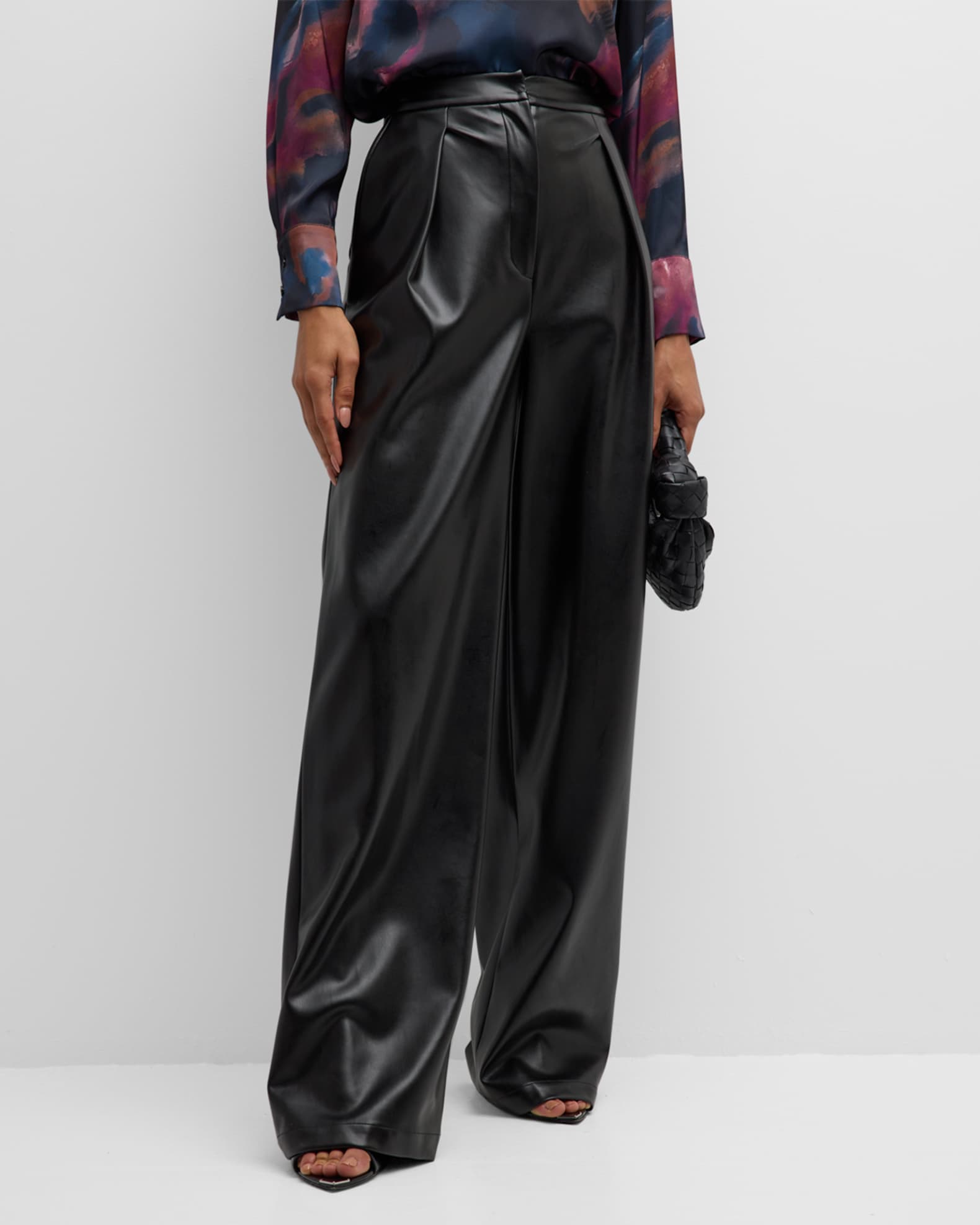 Misook Pleated Wide-Leg Vegan Leather Pants | Neiman Marcus