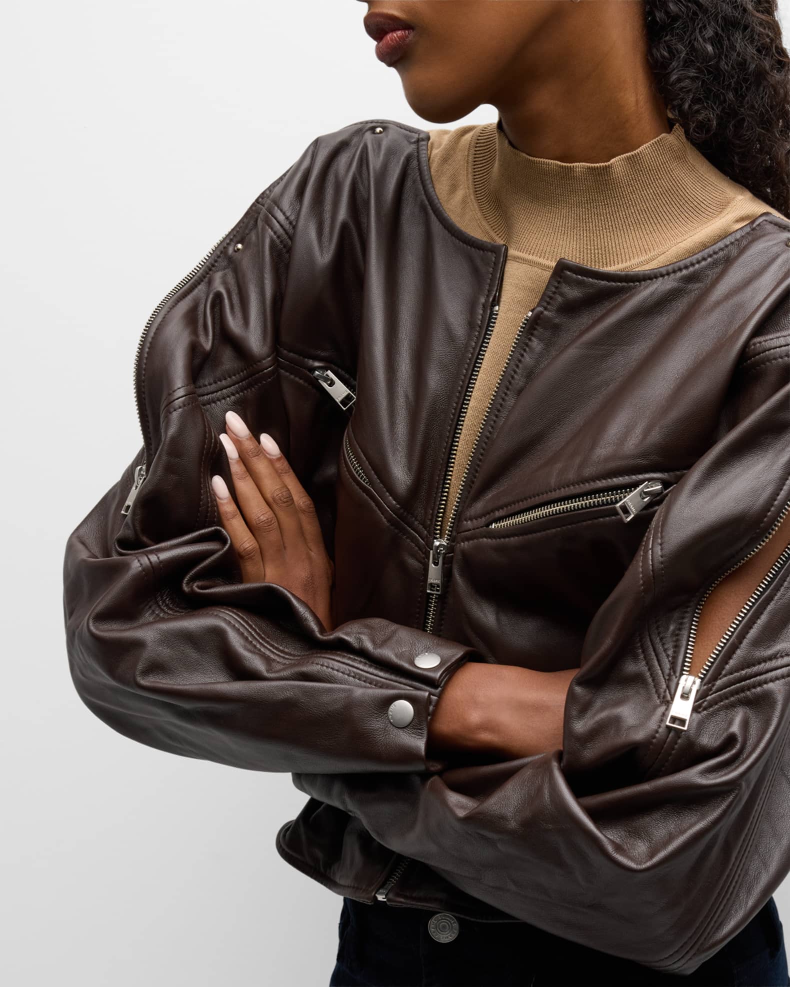 FRAME Slouchy Zip-Front Leather Jacket | Neiman Marcus