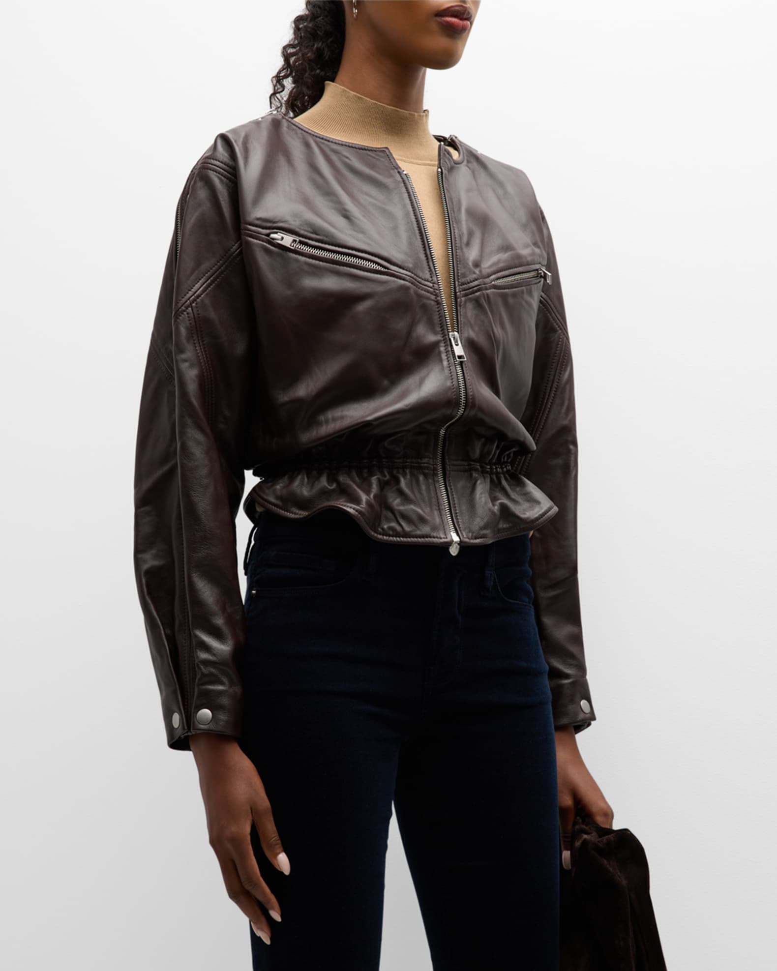 FRAME Slouchy Zip-Front Leather Jacket | Neiman Marcus