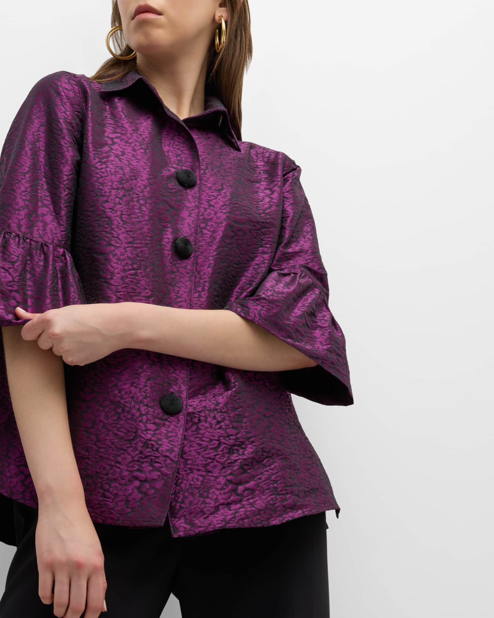 Caroline Rose Luminous Leopard Bell-Sleeve Jacquard Shirt | Neiman Marcus