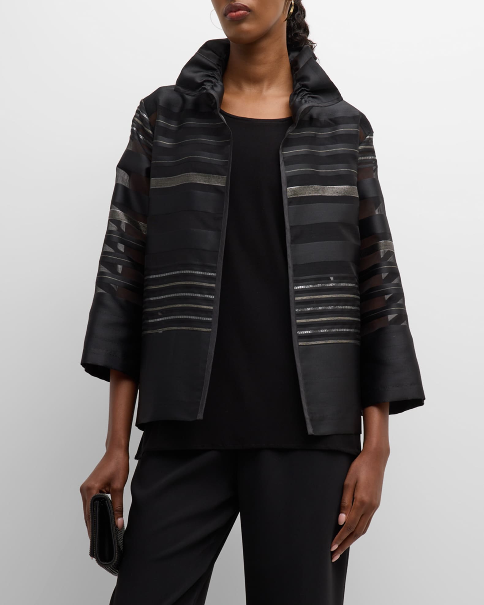 Caroline Rose Striped Open-Front Stand-Collar Jacket | Neiman Marcus
