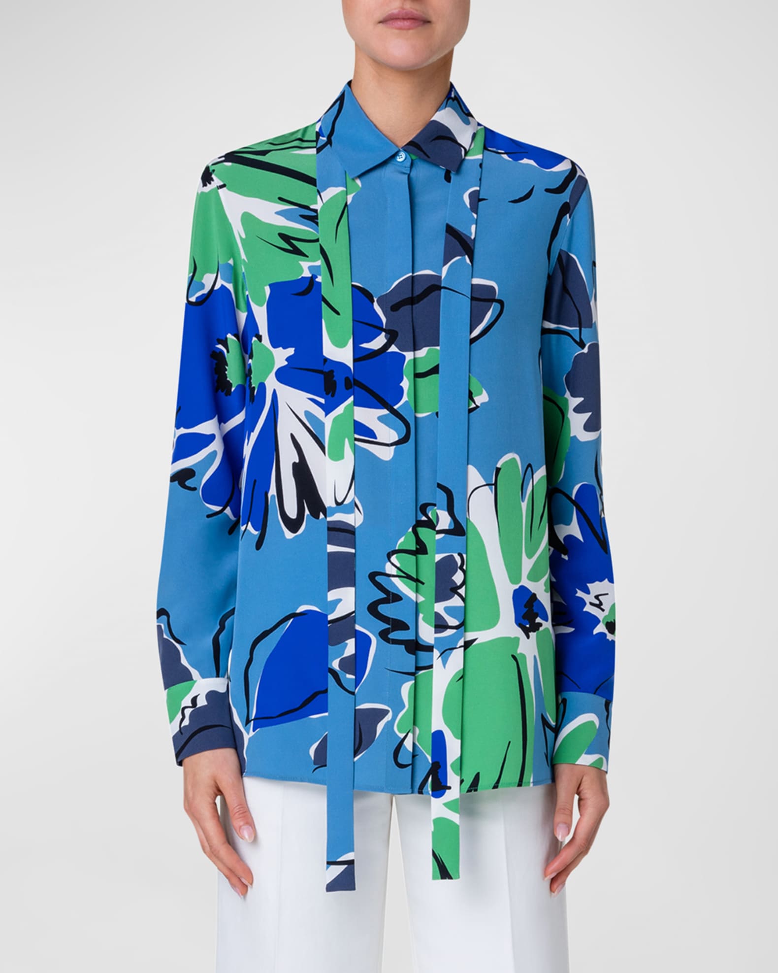 Akris Sketched Abraham Flower-Print Neck-Tie Silk Crepe Shirt | Neiman ...