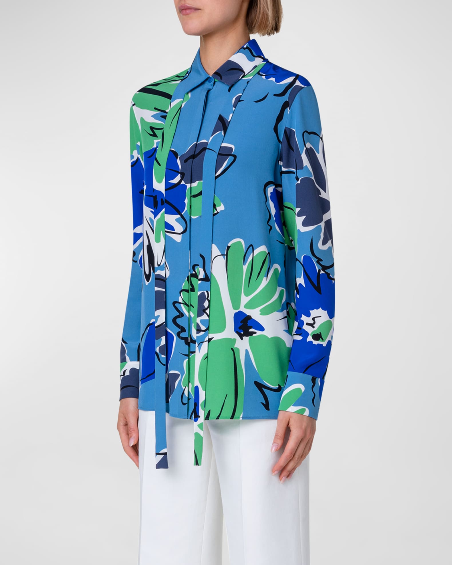 Akris Sketched Abraham Flower-Print Neck-Tie Silk Crepe Shirt | Neiman ...