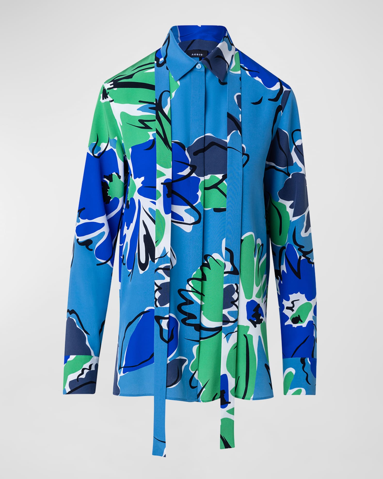 Akris Sketched Abraham Flower-Print Neck-Tie Silk Crepe Shirt | Neiman ...