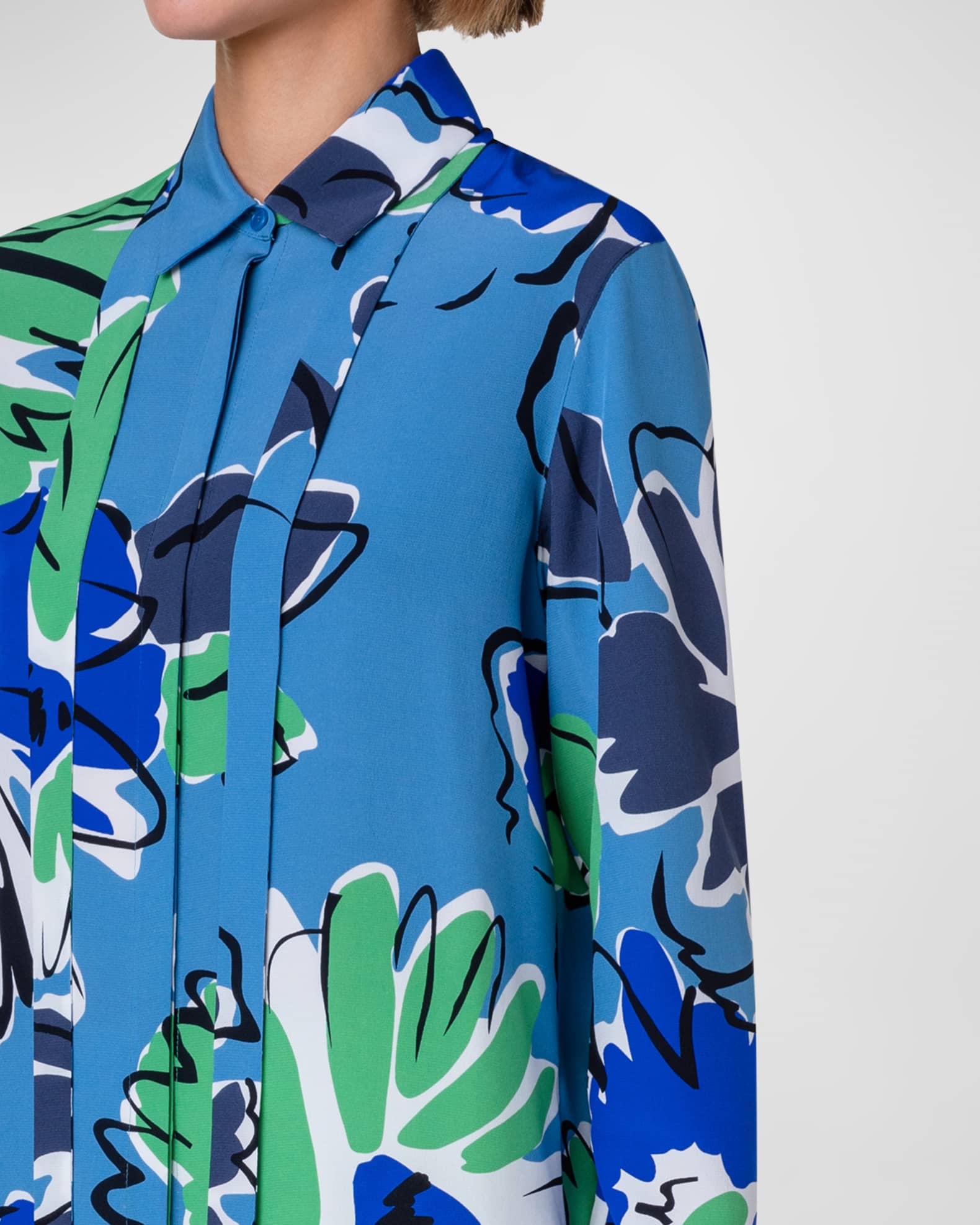 Akris Sketched Abraham Flower-Print Neck-Tie Silk Crepe Shirt | Neiman ...