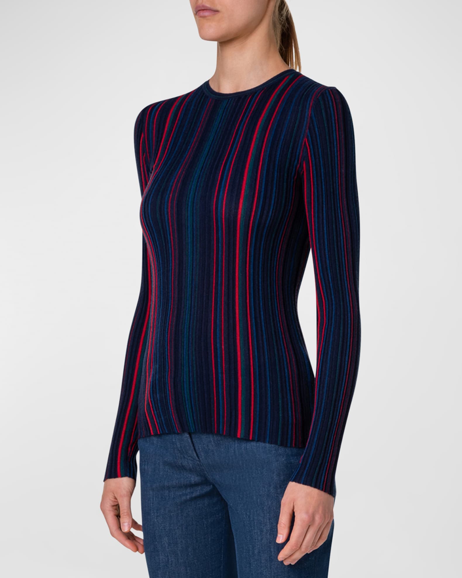 Akris Small Irregular Stripe Fitted Wool Pullover | Neiman Marcus