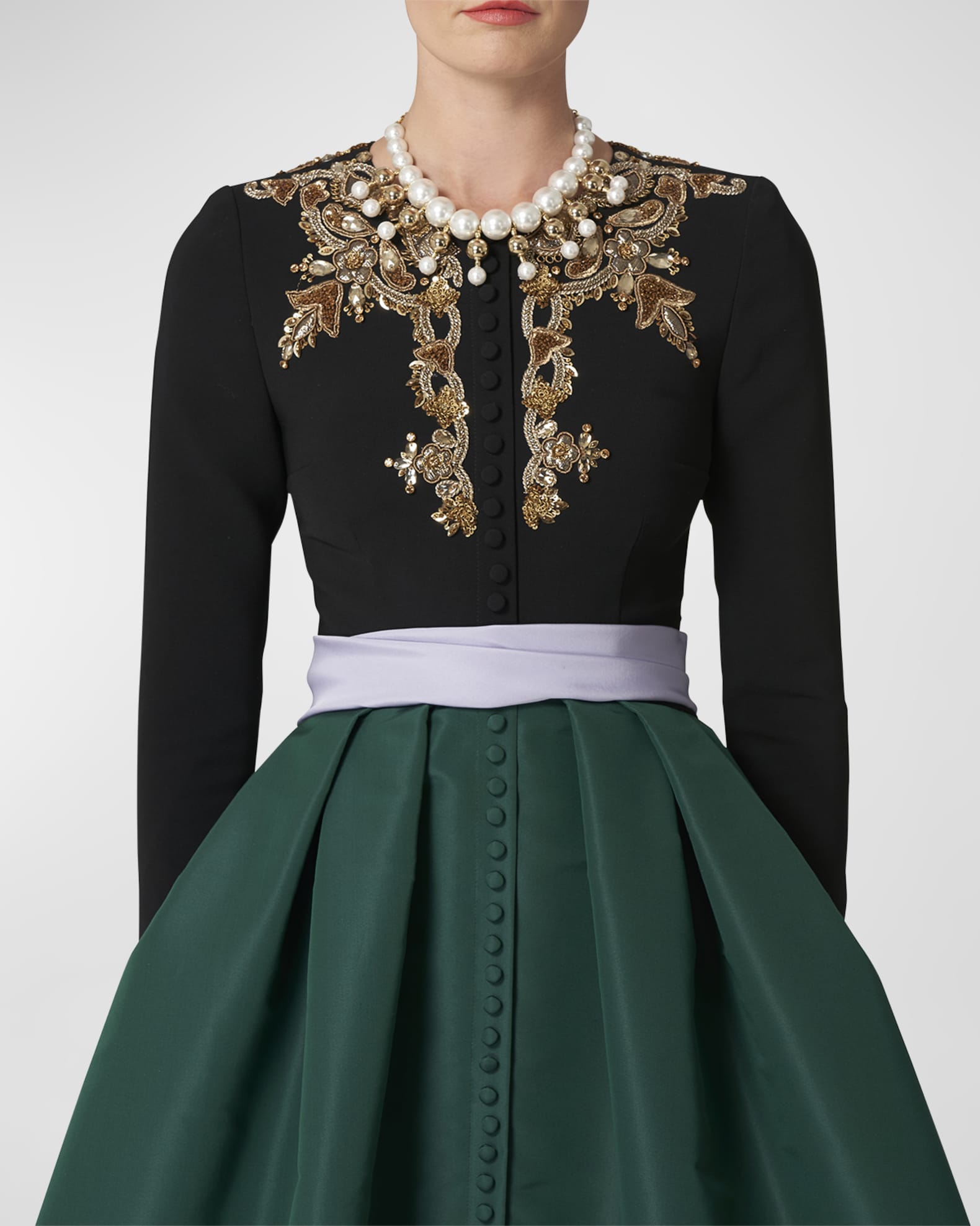 Carolina Herrera Embroidered Long-Sleeve Waist-Sash Silk Button-Front ...