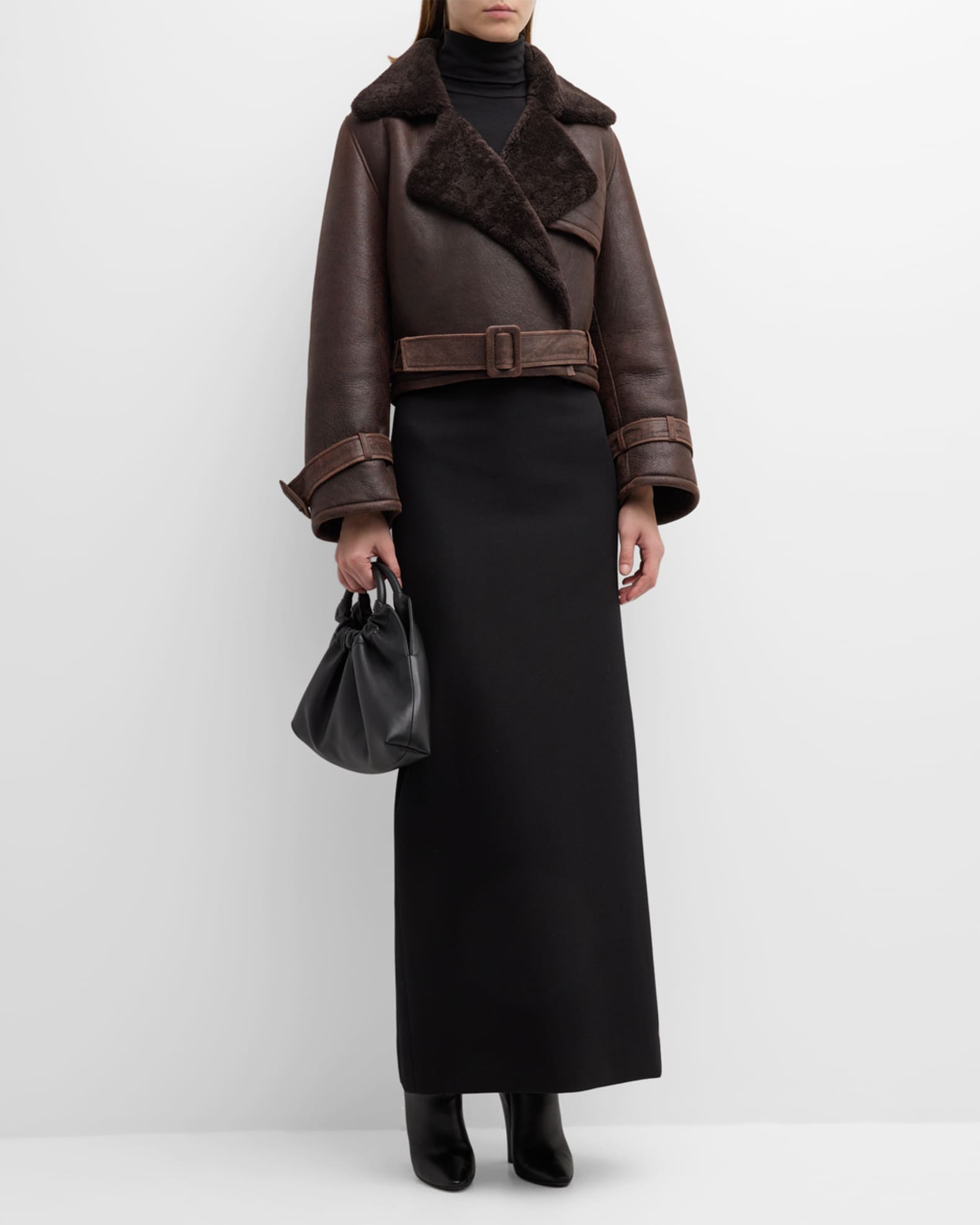 Nour Hammour Cropped Shearling Jacket with Belted Detail | Neiman Marcus