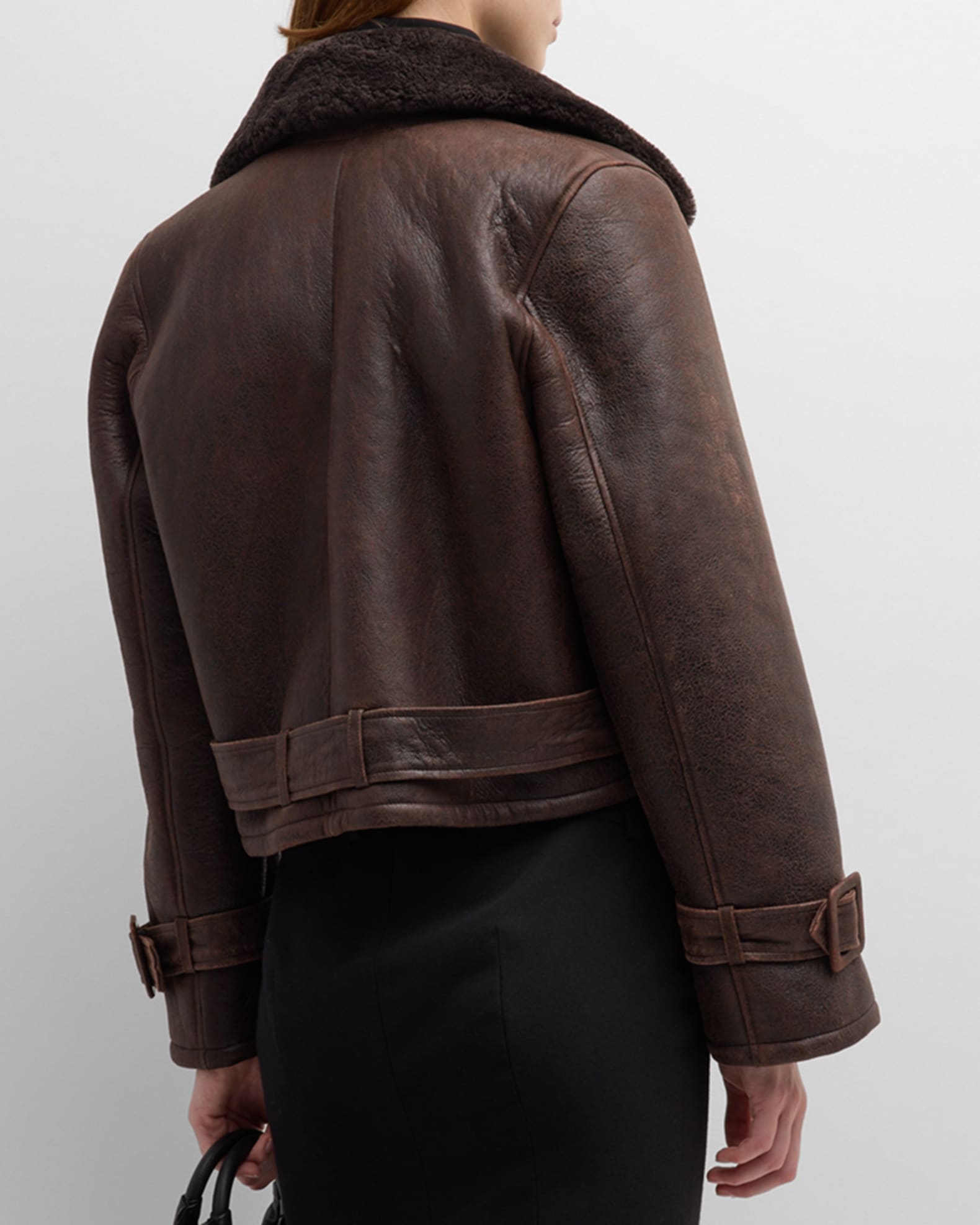 Nour Hammour Cropped Shearling Jacket with Belted Detail | Neiman Marcus