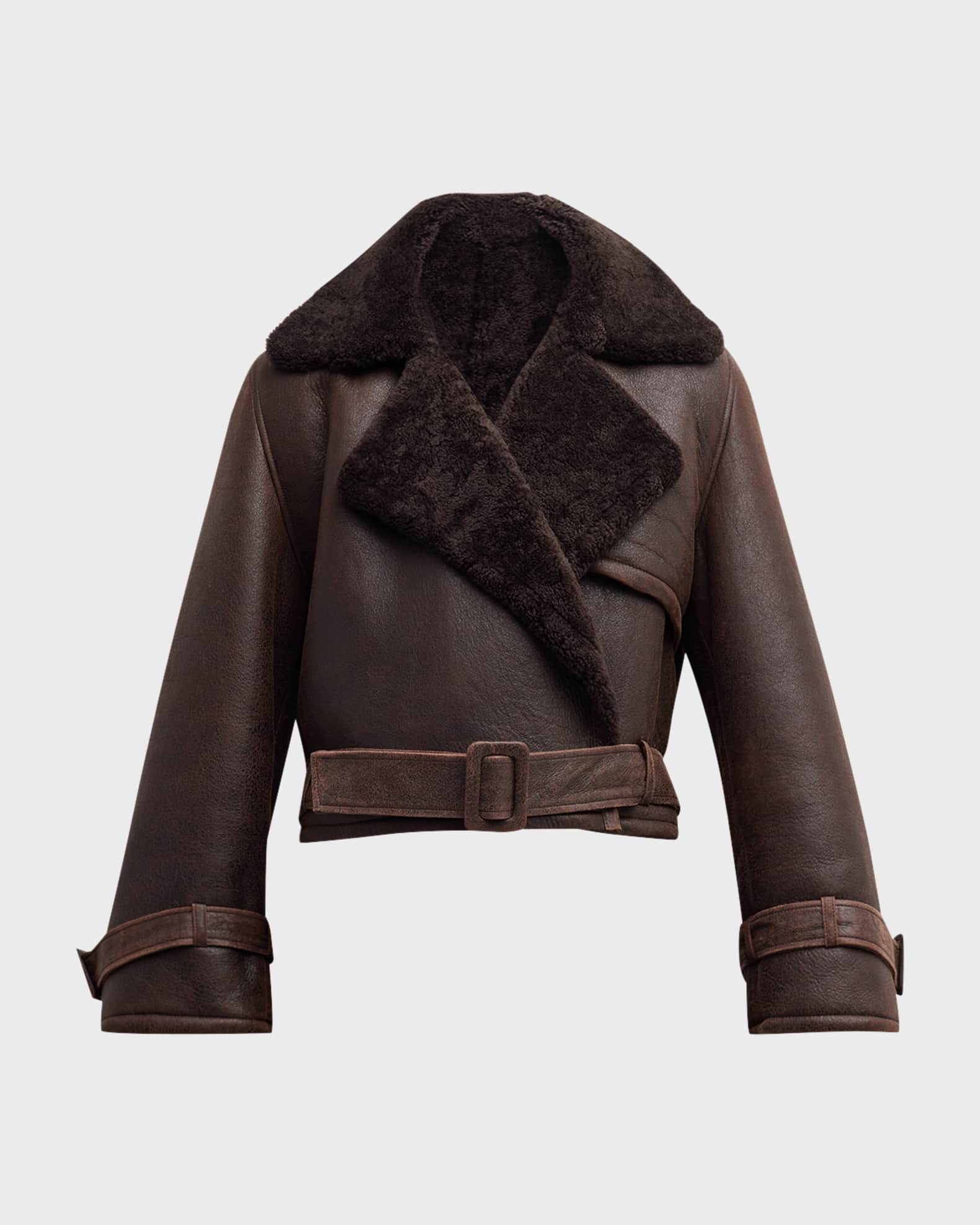 Nour Hammour Cropped Shearling Jacket with Belted Detail | Neiman Marcus