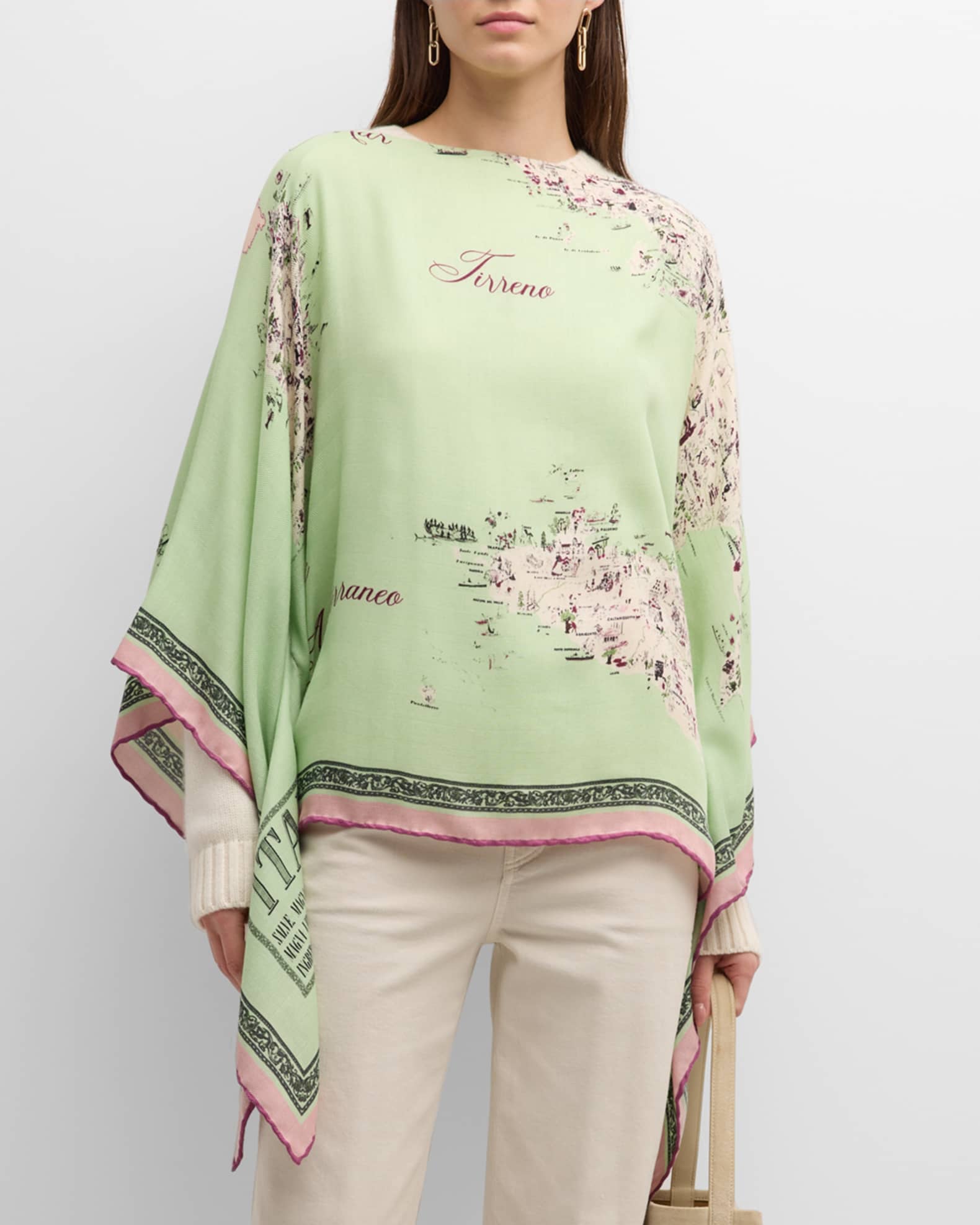 Rani Arabella Italy Print Cashmere & Silk Poncho | Neiman Marcus