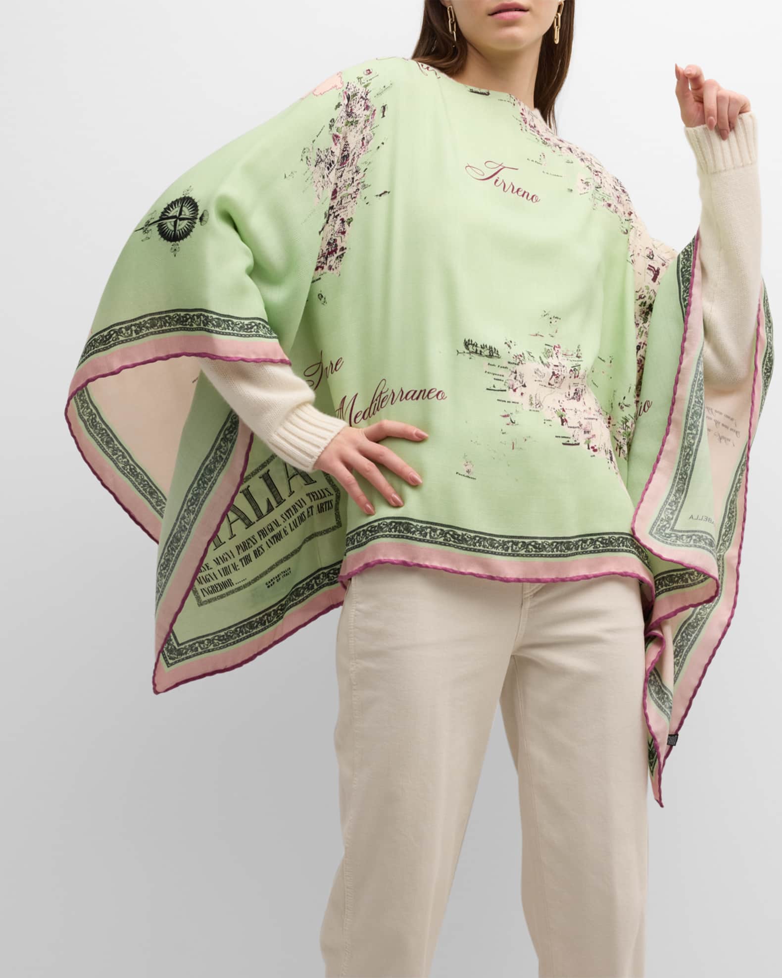 Rani Arabella Italy Print Cashmere & Silk Poncho | Neiman Marcus