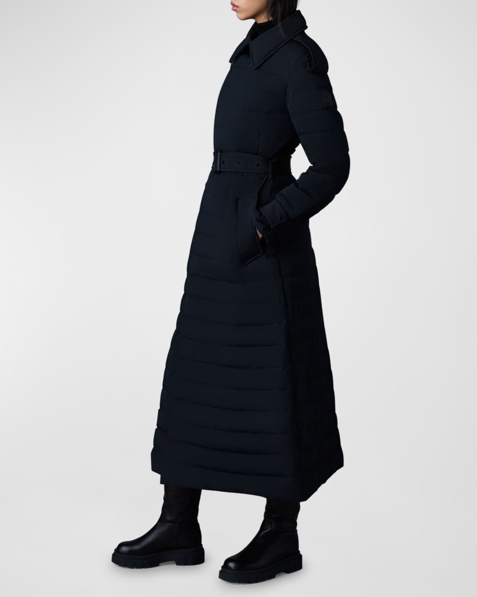 Mackage Magda Agile-360 Stretch Light-Down Belted Long Coat | Neiman Marcus