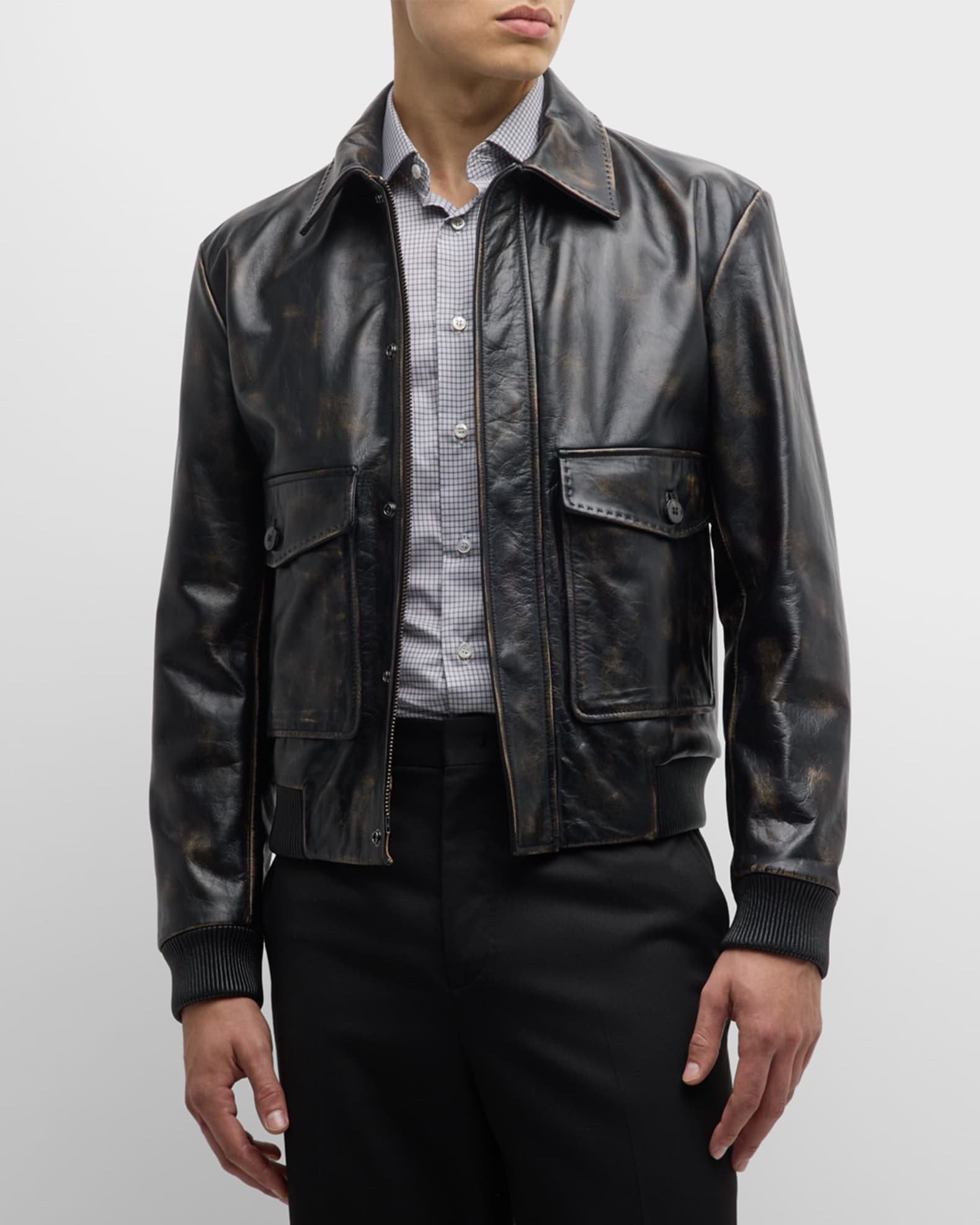 BOSS Camel Men's Faded Leather Blouson Jacket | Neiman Marcus