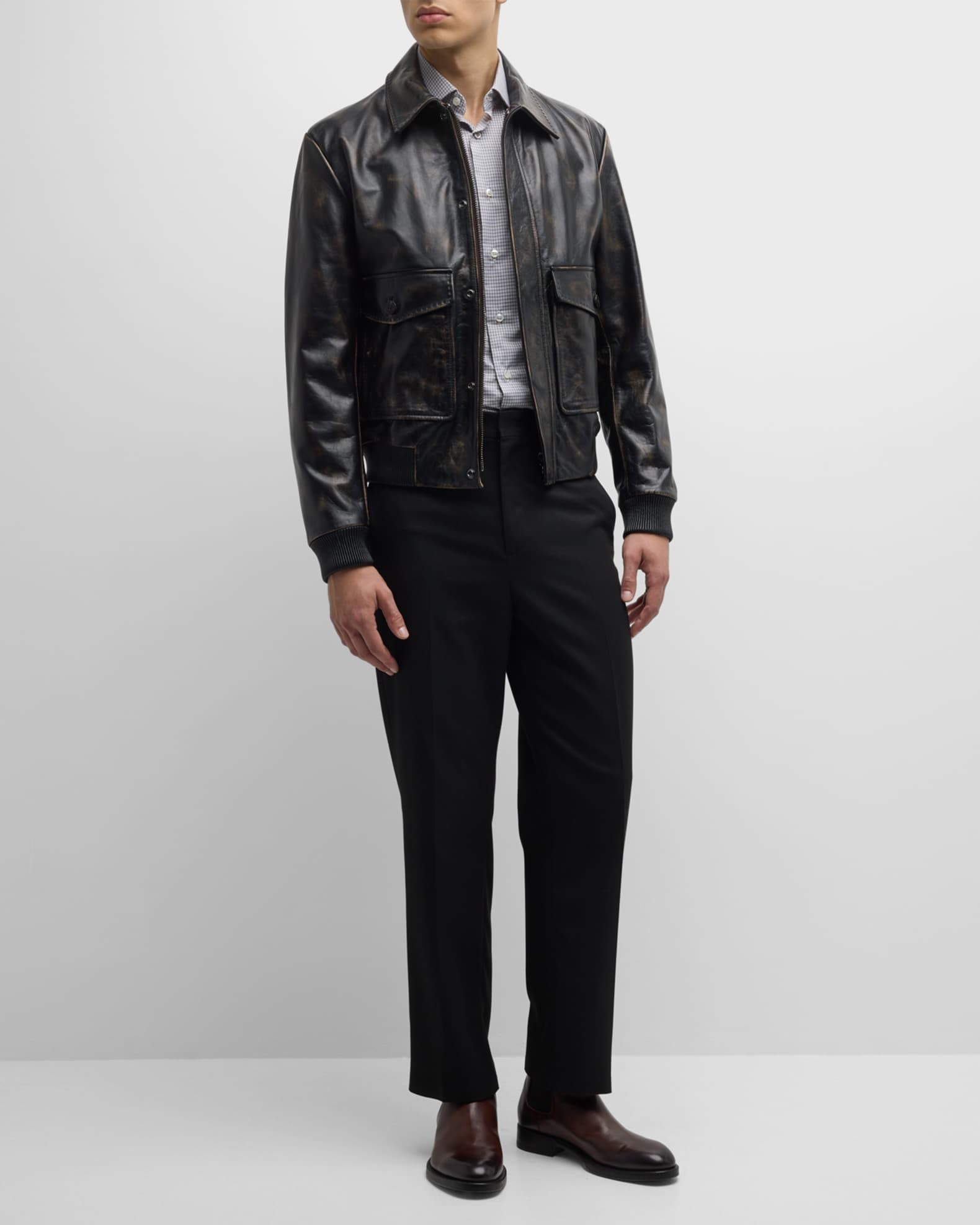 BOSS Camel Men's Faded Leather Blouson Jacket | Neiman Marcus