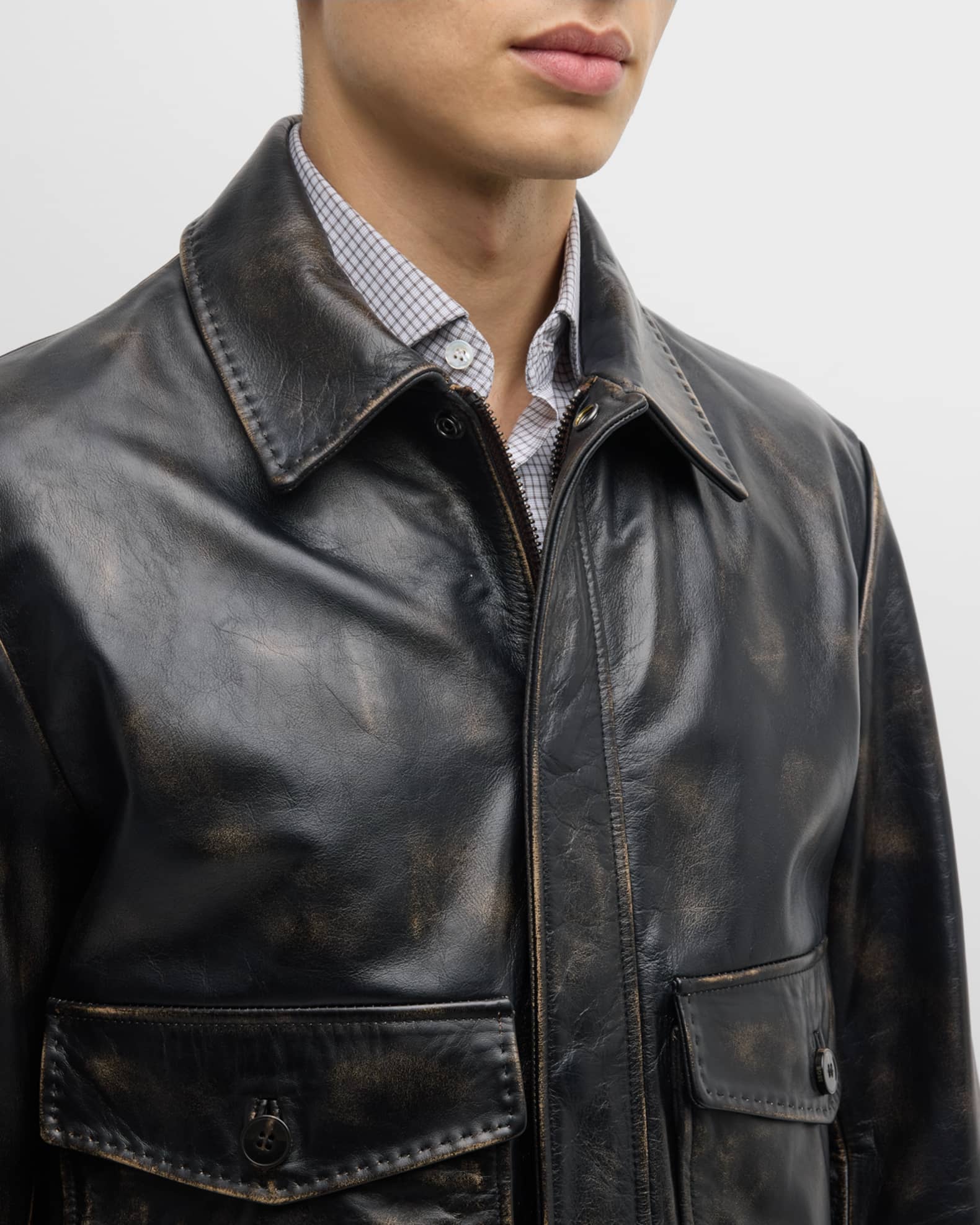 BOSS Camel Men's Faded Leather Blouson Jacket | Neiman Marcus