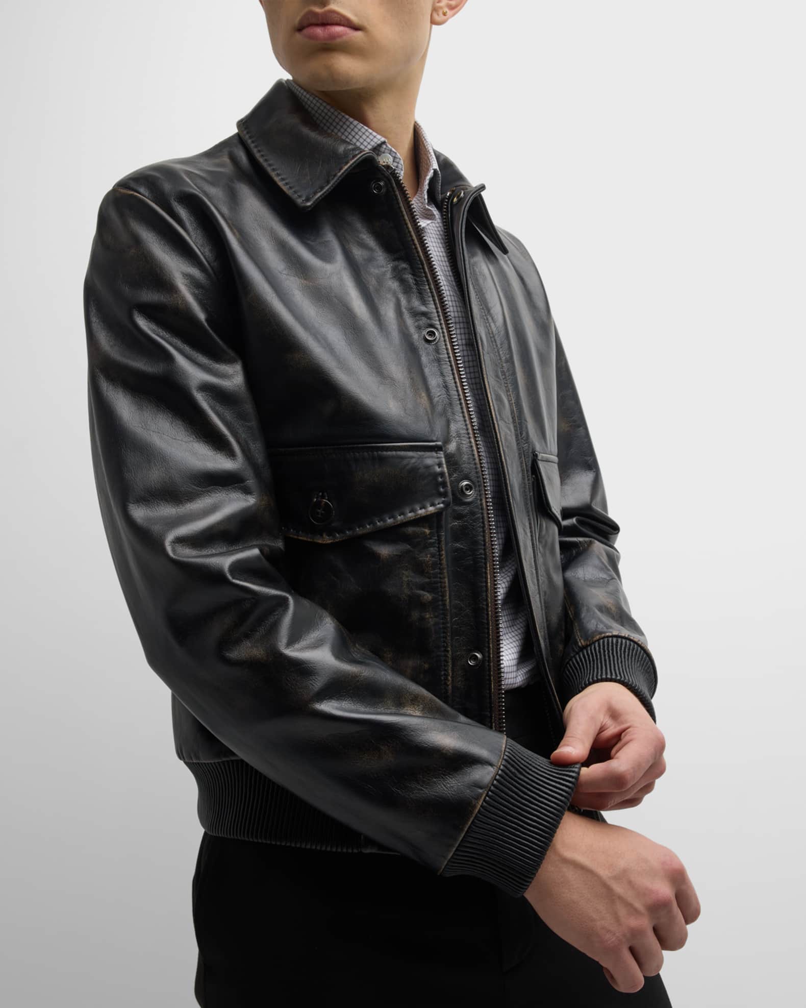 BOSS Camel Men's Faded Leather Blouson Jacket | Neiman Marcus