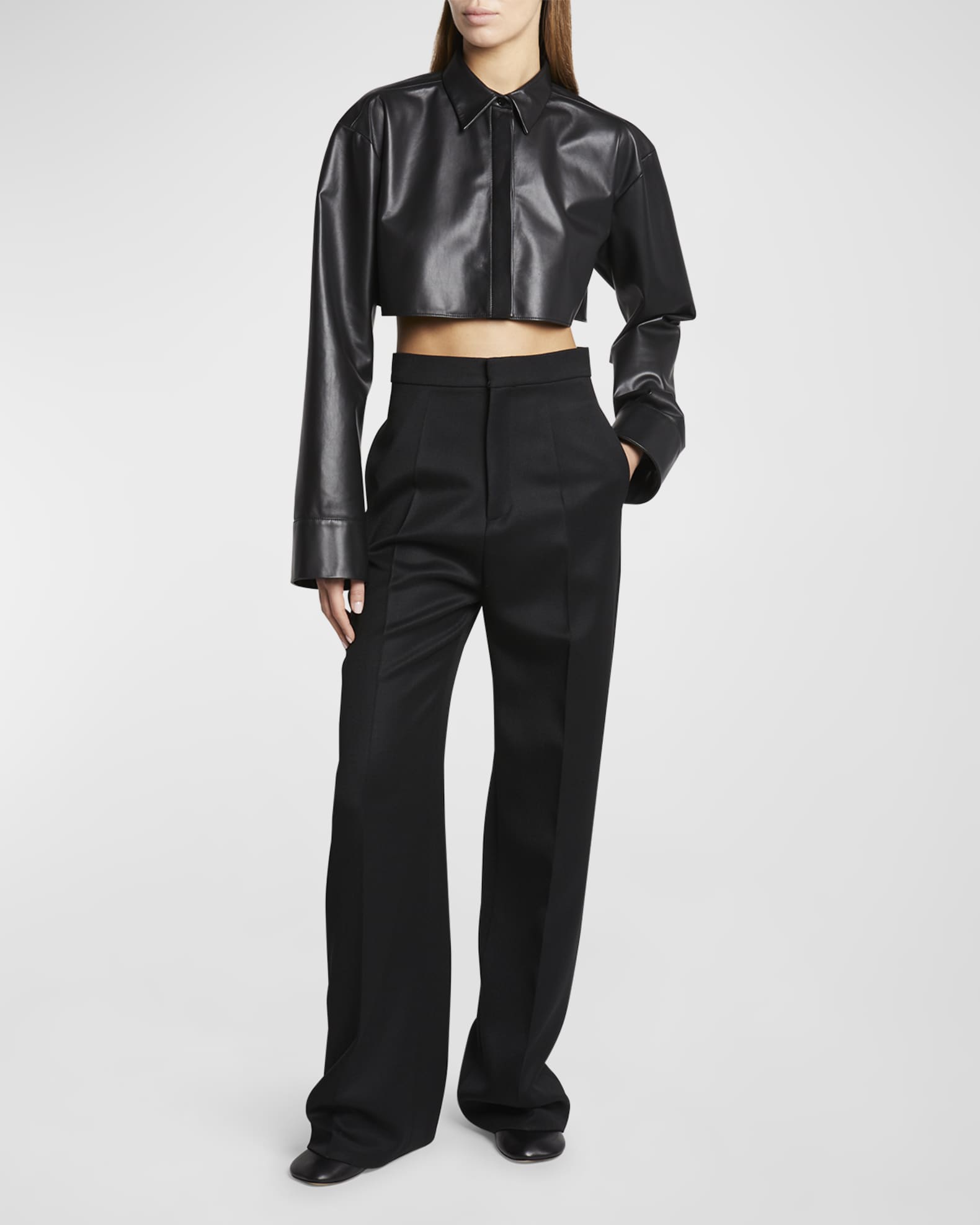 Loewe Leather Crop Collared Shirt | Neiman Marcus