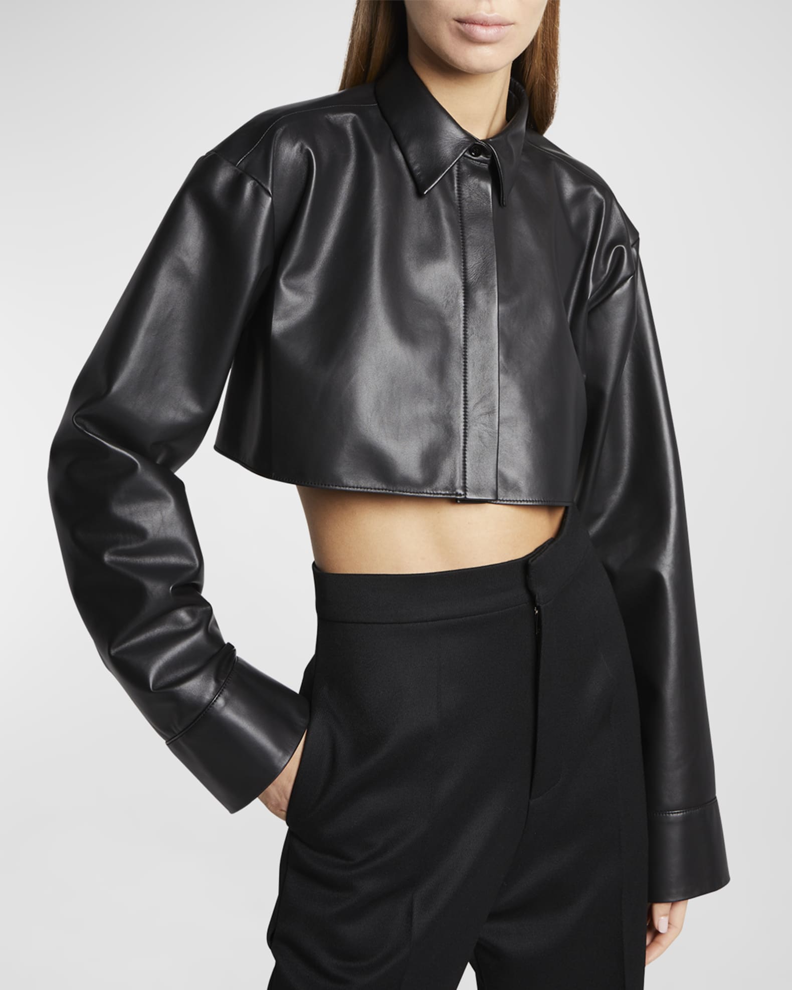 Loewe Leather Crop Collared Shirt | Neiman Marcus