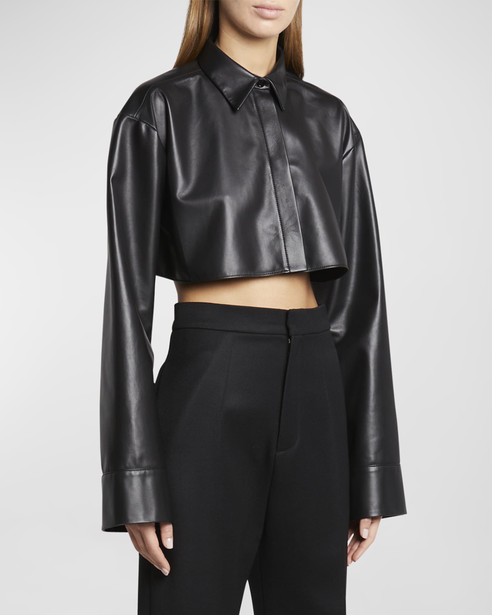 Loewe Leather Crop Collared Shirt | Neiman Marcus