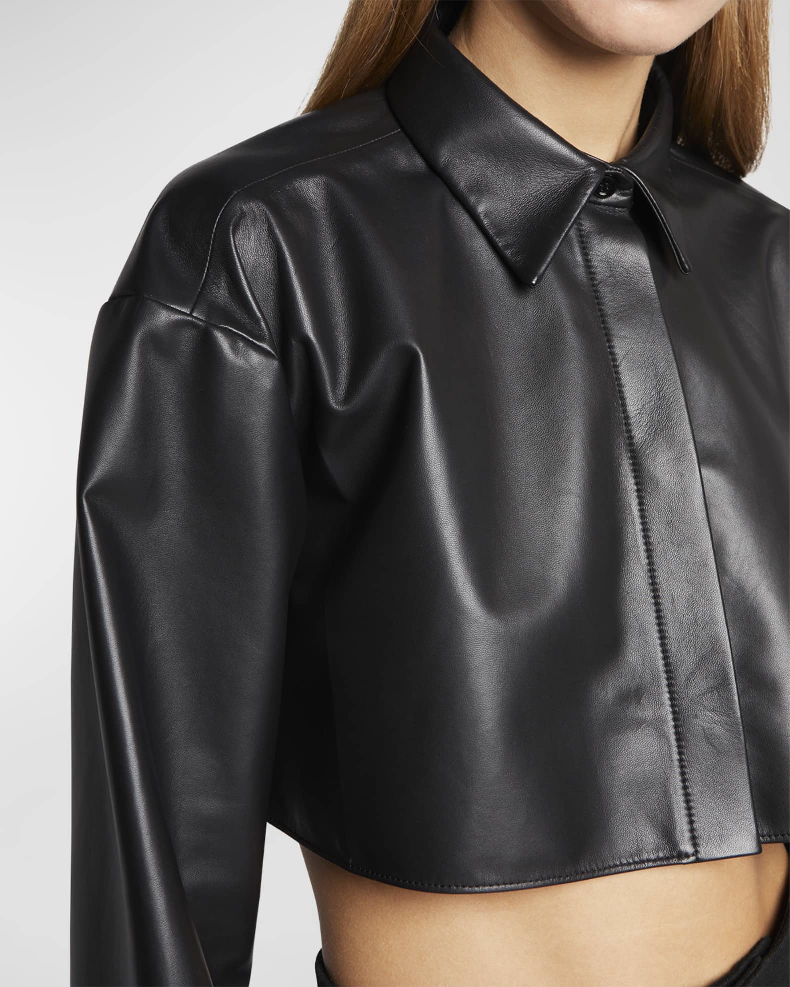 Loewe Leather Crop Collared Shirt | Neiman Marcus