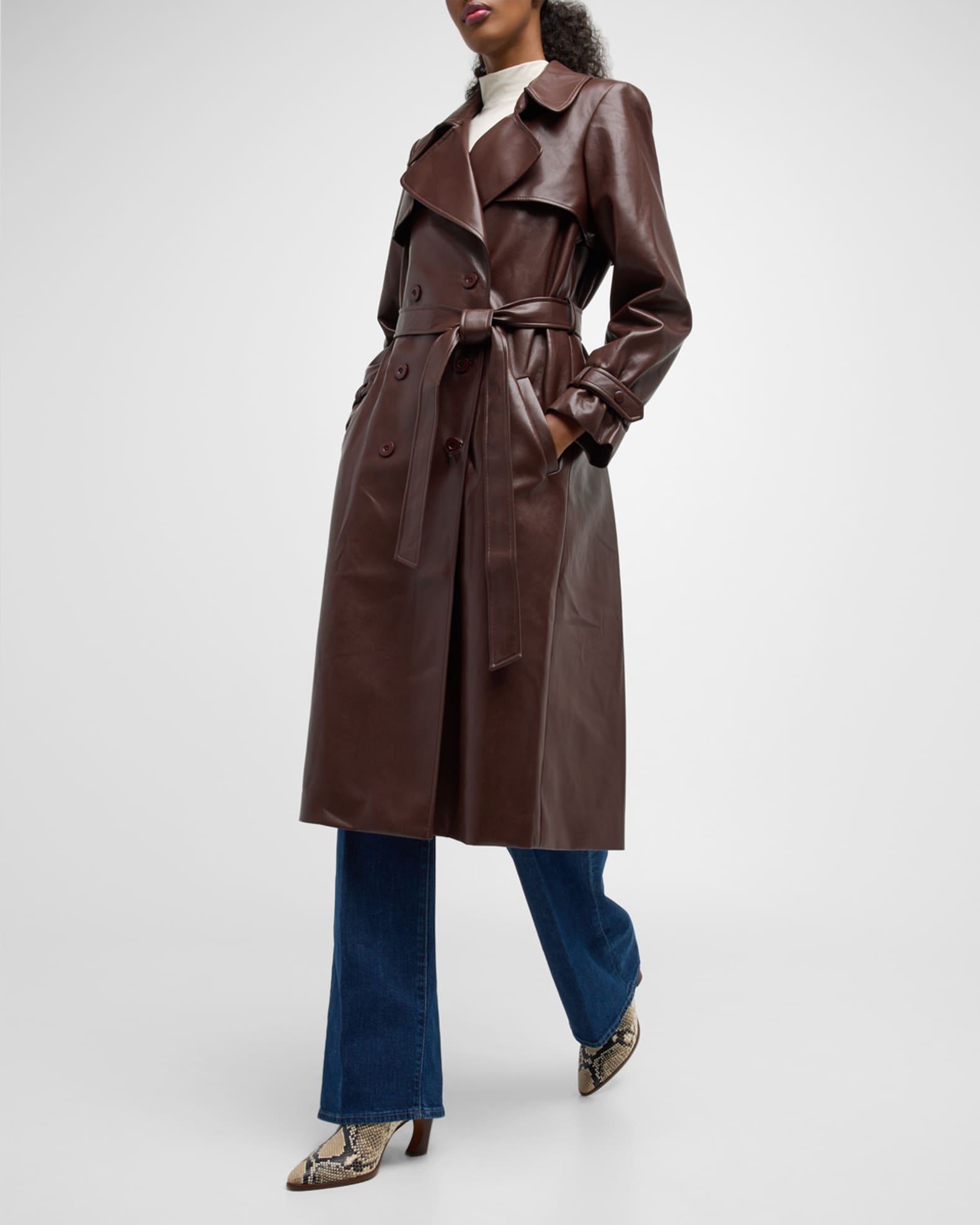 Alice + Olivia Elicia Strong-Shoulder Vegan Leather Trench Coat ...