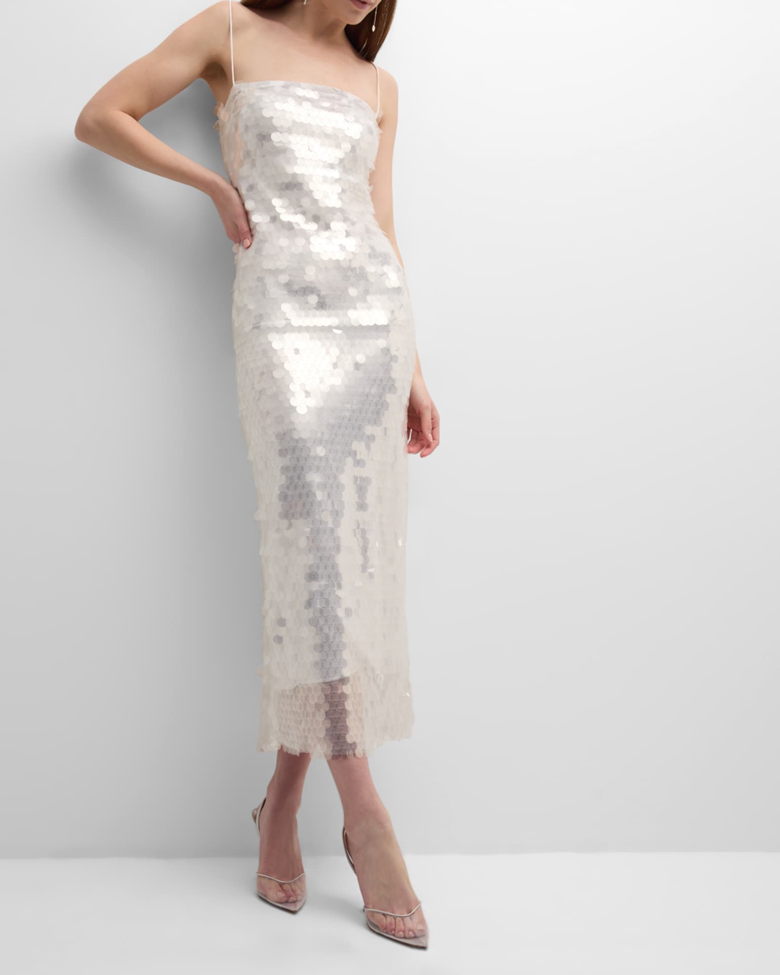 The New Arrivals by Ilkyaz Ozel Phoenix Square-Neck Sequin Midi Dress | Neiman Marcus