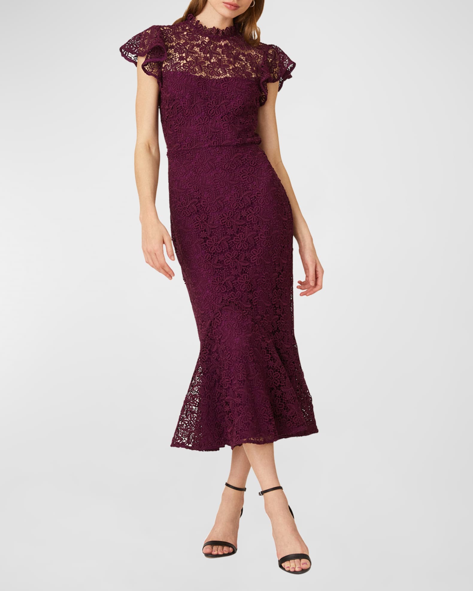 Shoshanna Lea Flutter-Sleeve Floral Lace Midi Dress | Neiman Marcus