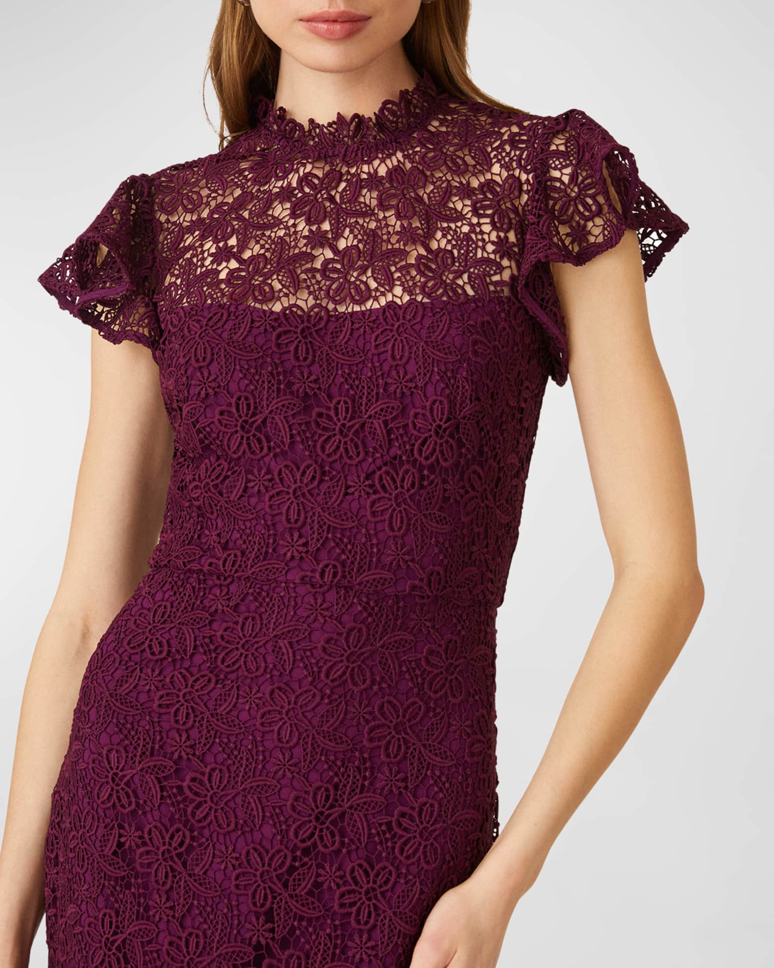 Shoshanna Lea Flutter-Sleeve Floral Lace Midi Dress | Neiman Marcus