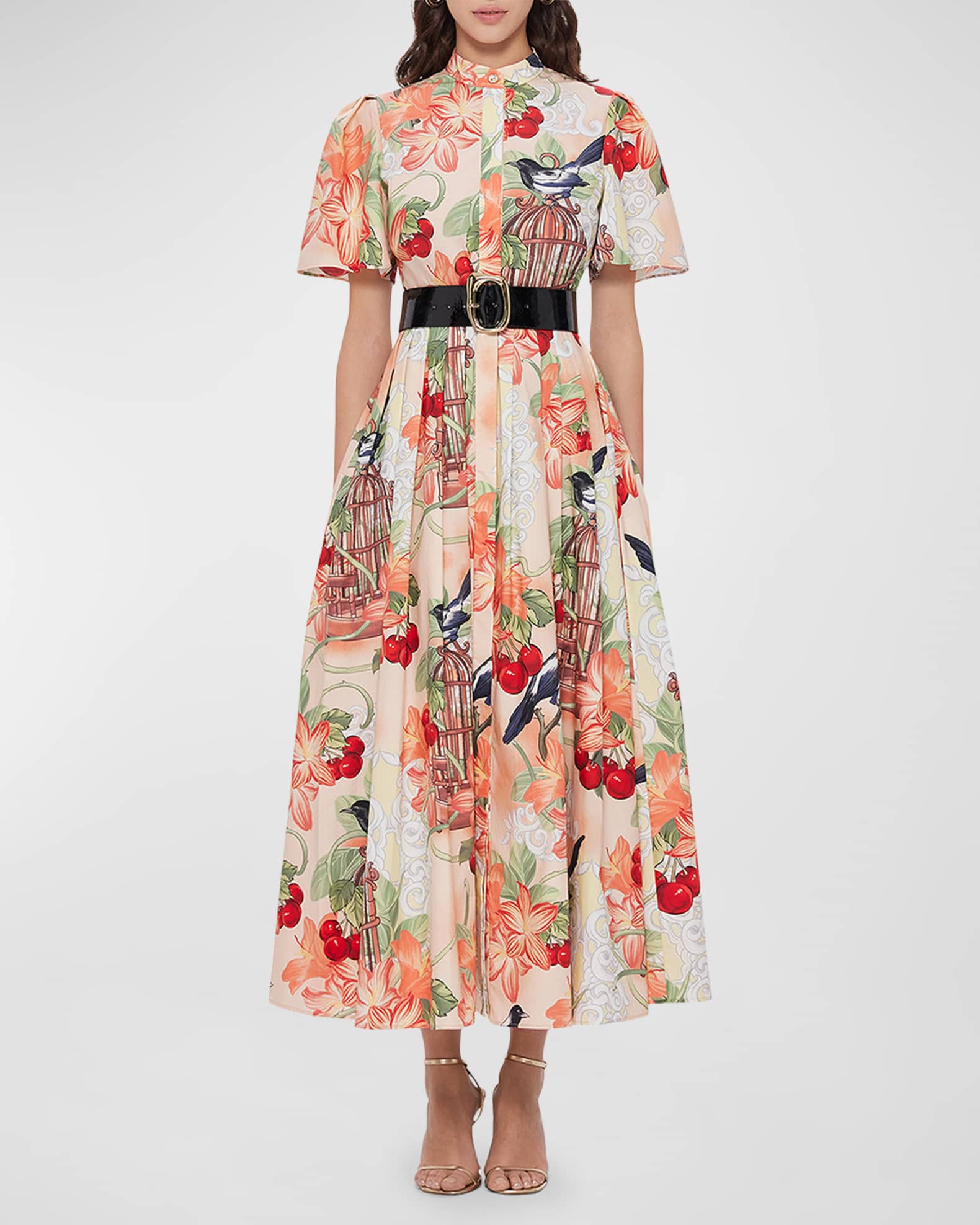 LEO LIN Bianca Pleated Botanical-Print Midi Dress | Neiman Marcus
