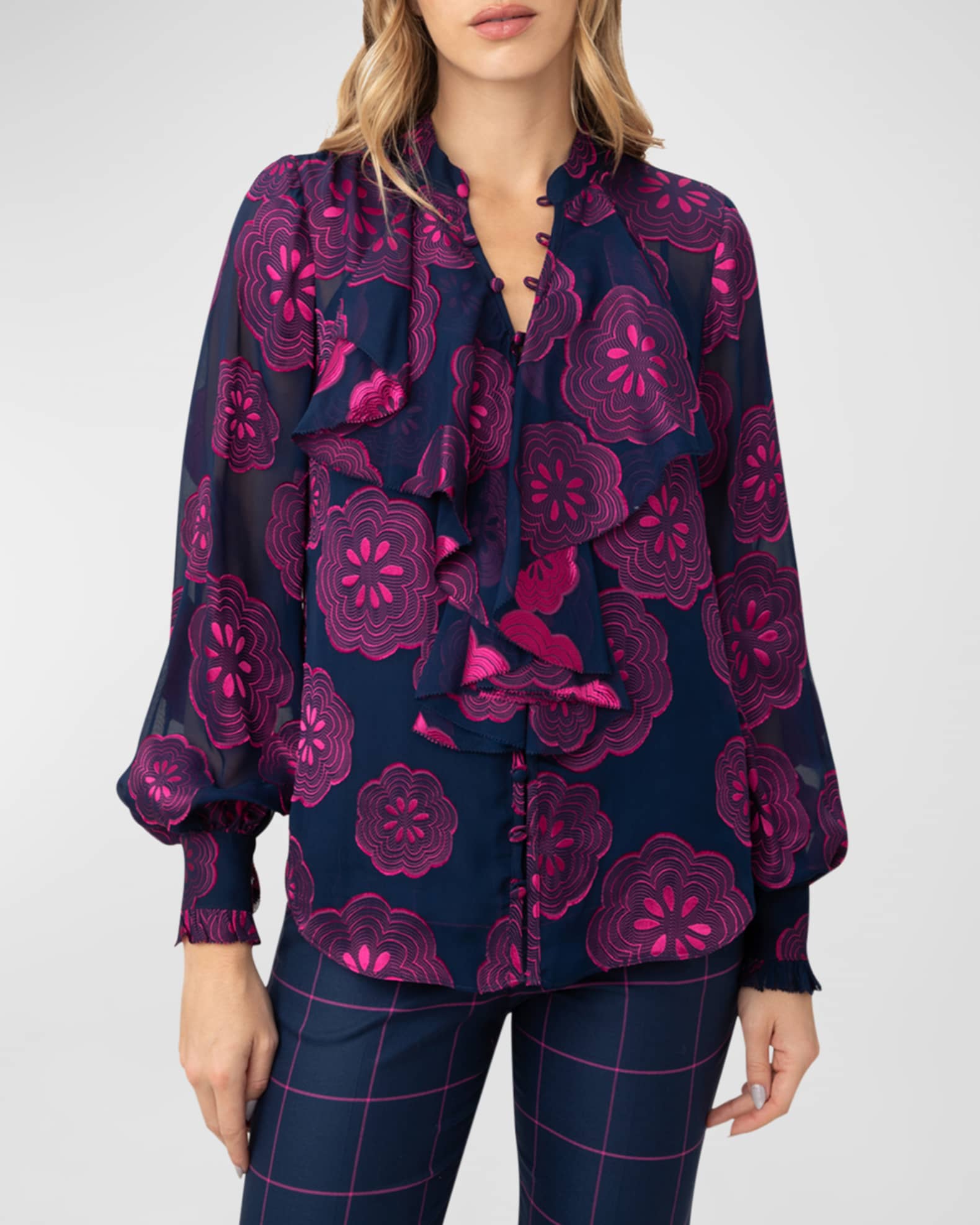 Trina Turk St Marks Ruffle-Front Floral Jacquard Top | Neiman Marcus