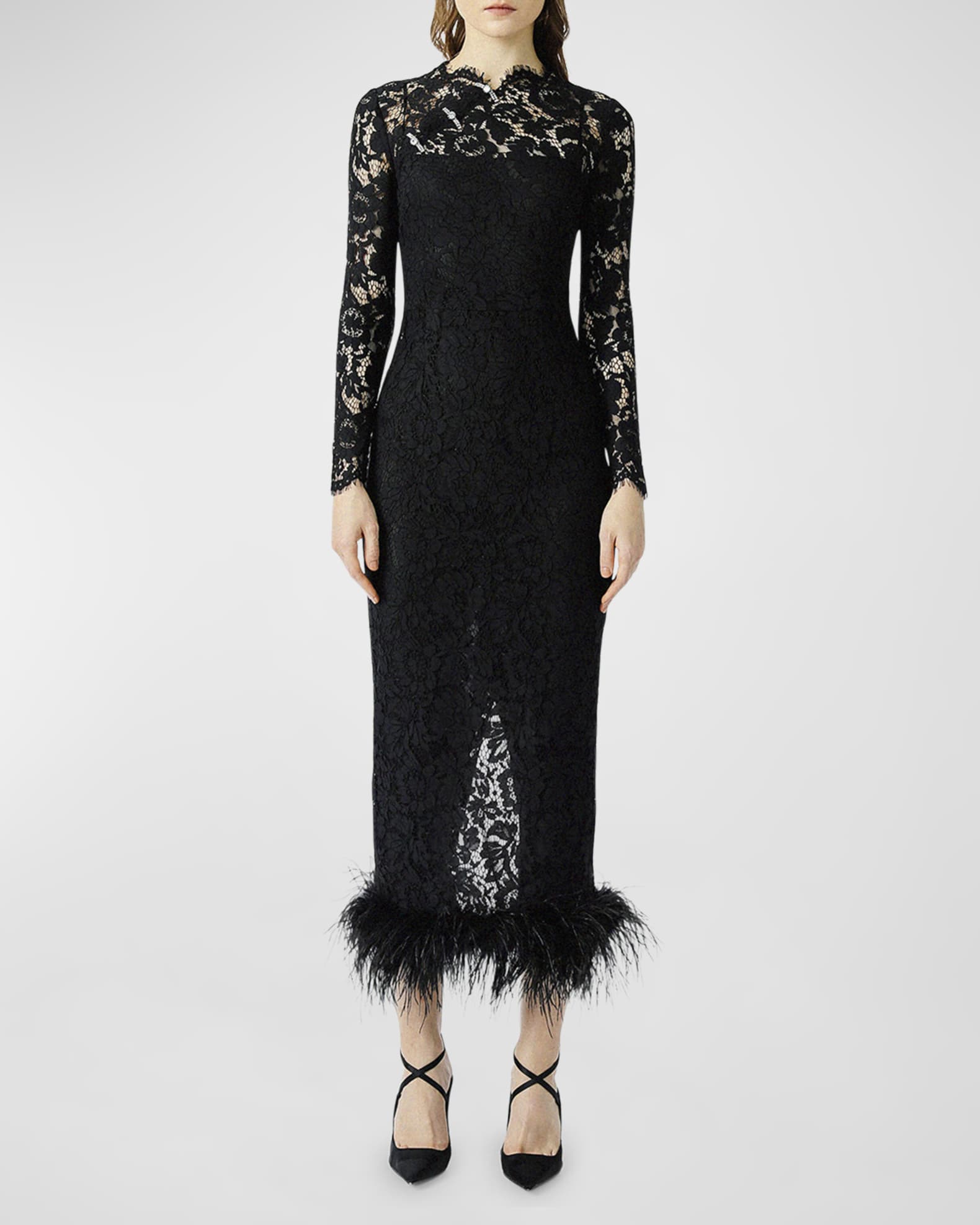 Sau Lee Maxine Floral Lace Feathered-Hem Midi Dress | Neiman Marcus