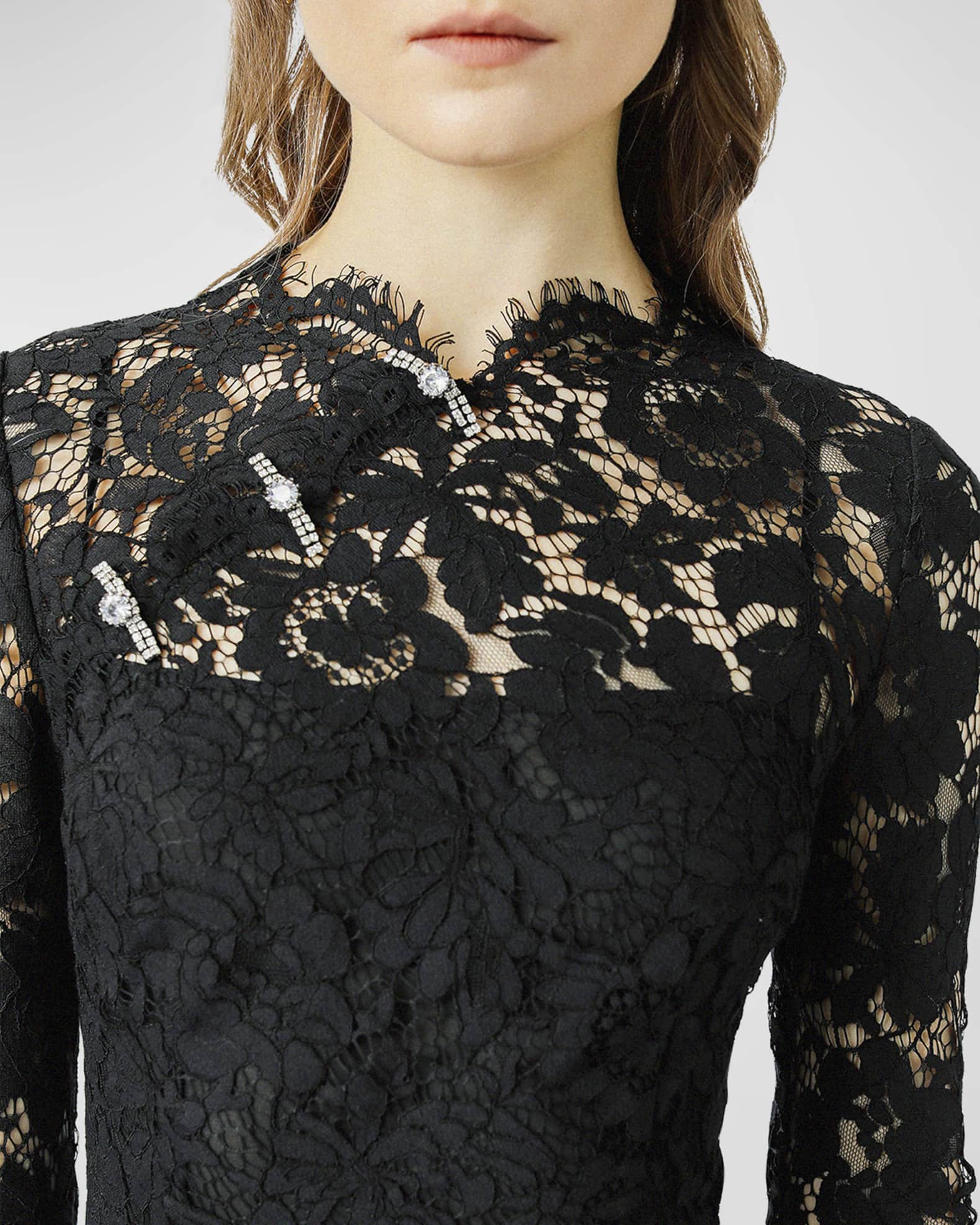 Sau Lee Maxine Floral Lace Feathered-Hem Midi Dress | Neiman Marcus