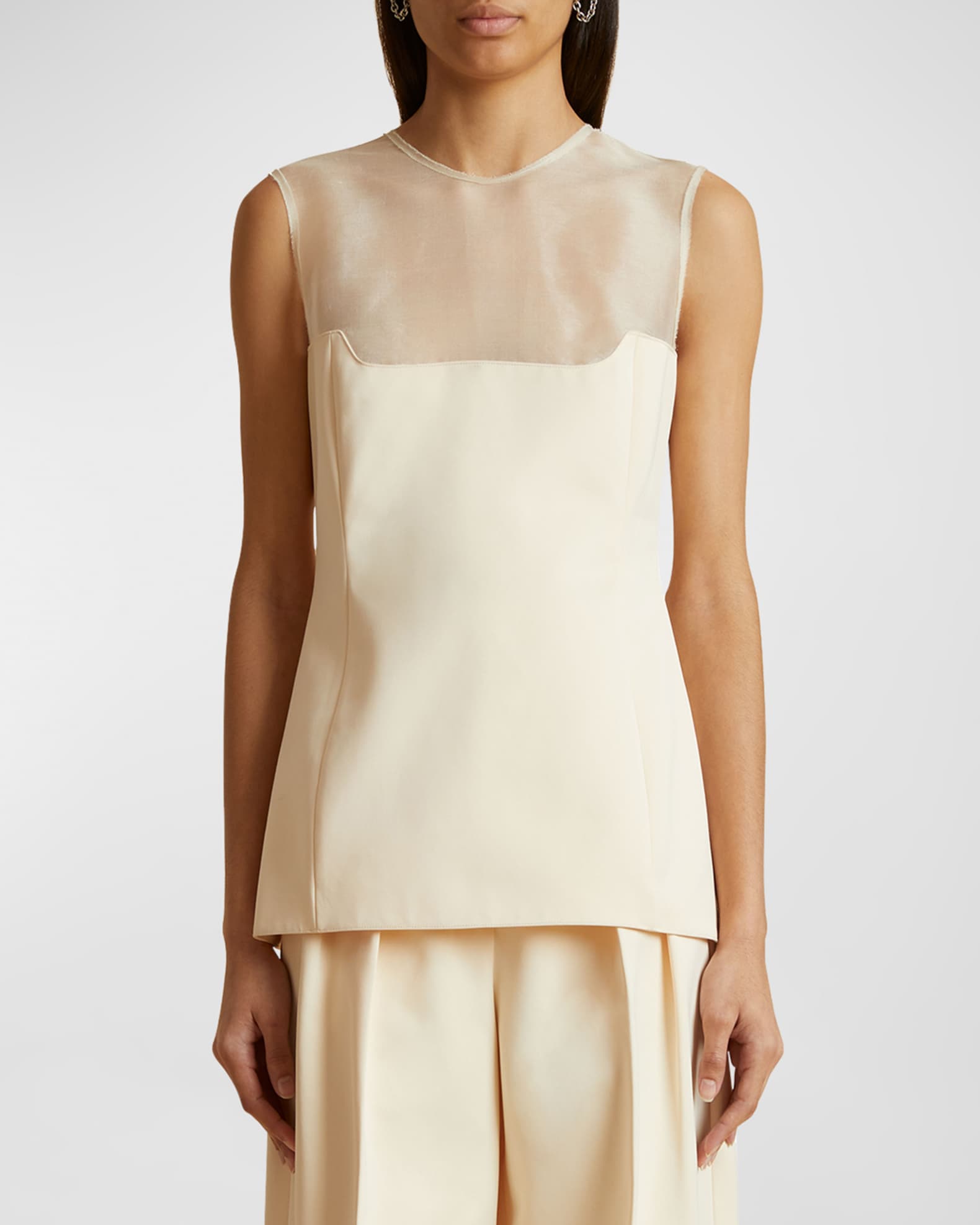 Khaite Sasmo Sleeveless Crepe and Mesh Top | Neiman Marcus