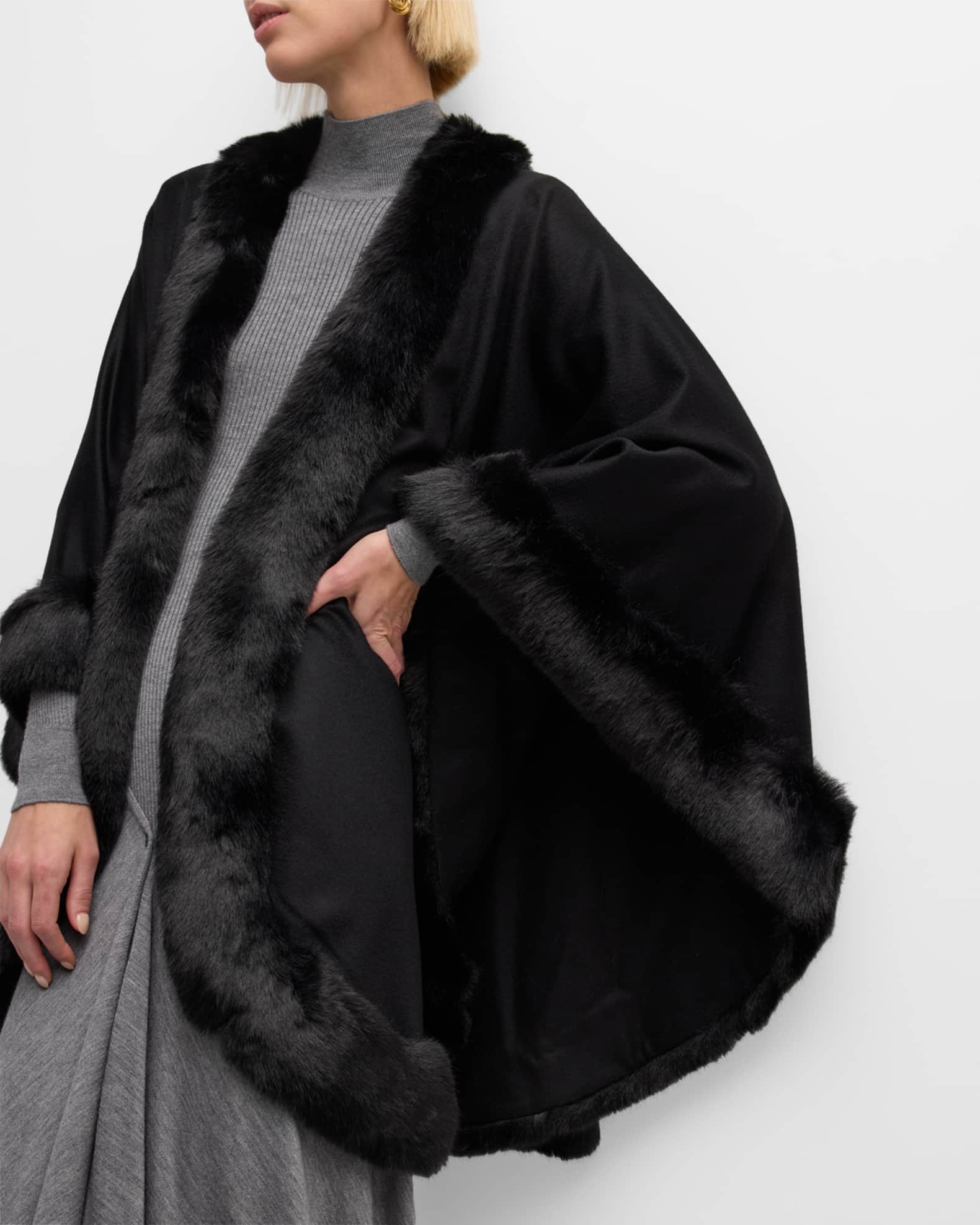Sofia Cashmere Faux Fur Trim Cashmere Cape | Neiman Marcus