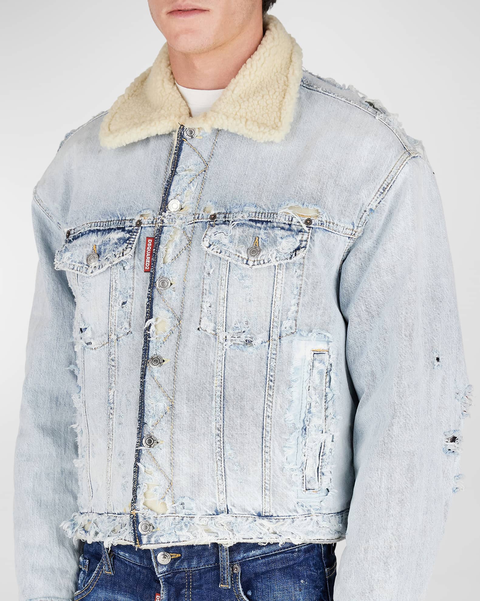 Dsquared2 Men's Destroyed Jean Jacket with Shearling | Neiman Marcus