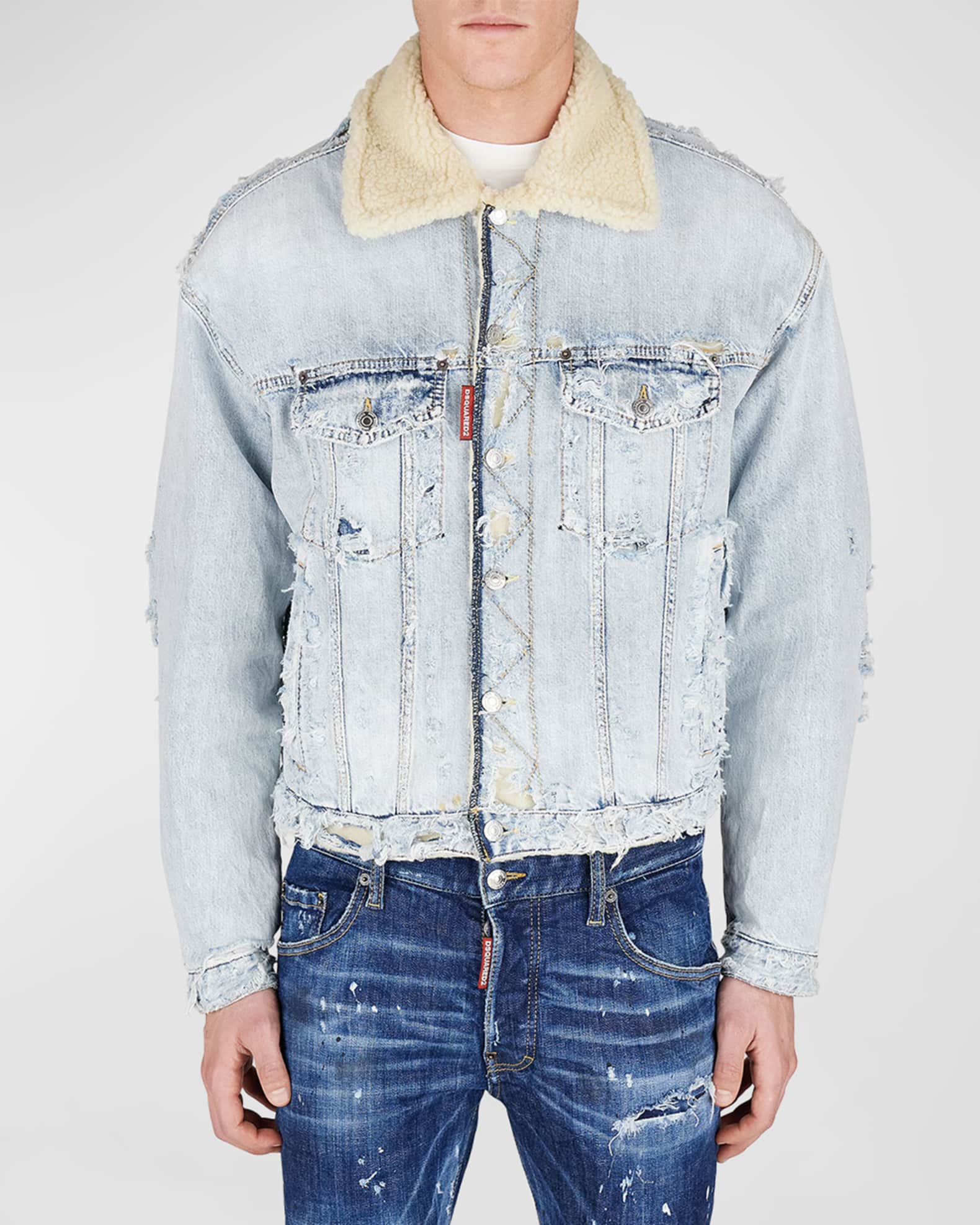 Dsquared2 Men's Destroyed Jean Jacket with Shearling | Neiman Marcus