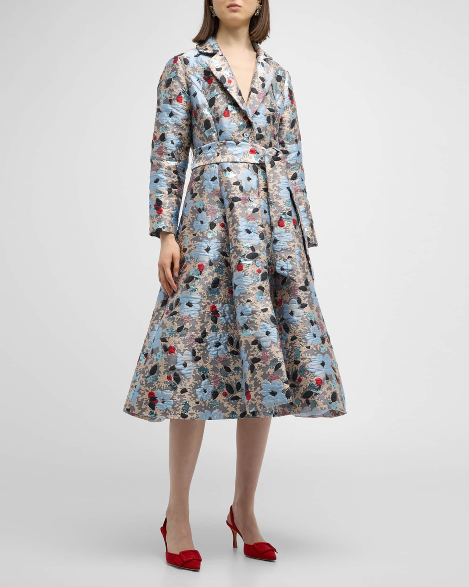 Frances Valentine Lucille Belted Floral Jacquard Midi Dress | Neiman Marcus