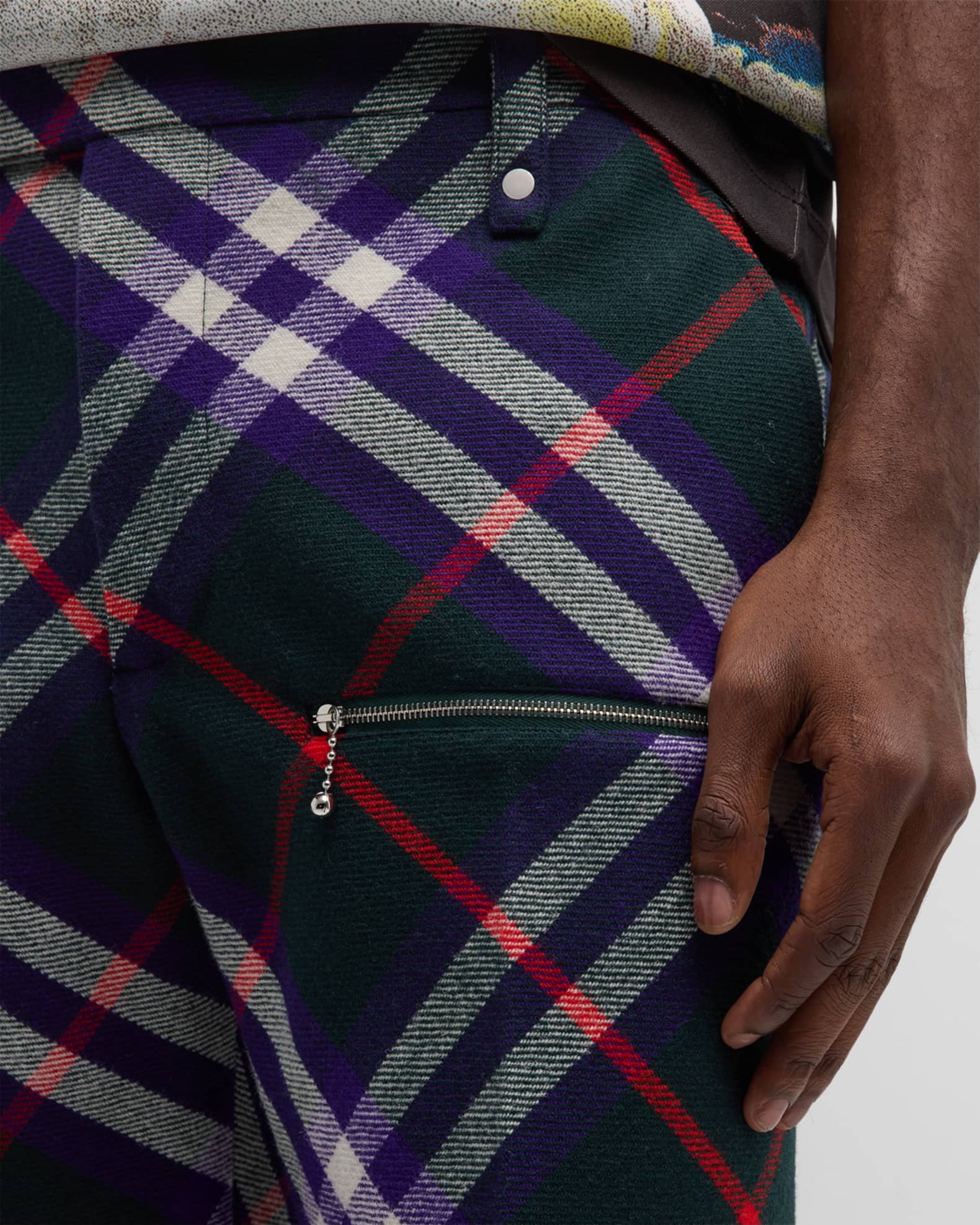 Burberry Men's Multi-Check Pants with Zippers | Neiman Marcus