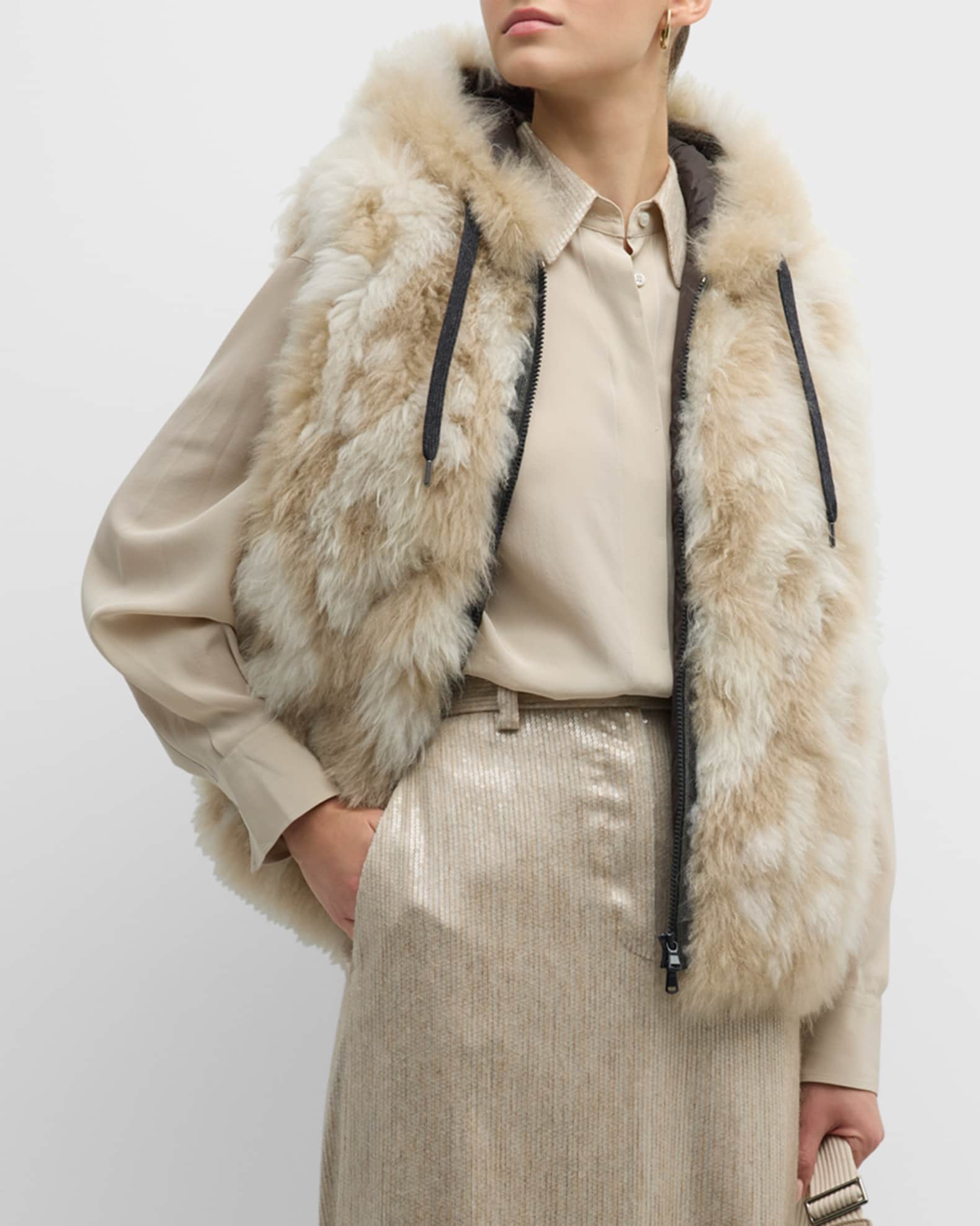 Brunello Cucinelli Cashmere Goat Fur Hooded Vintage Ski Vest | Neiman ...