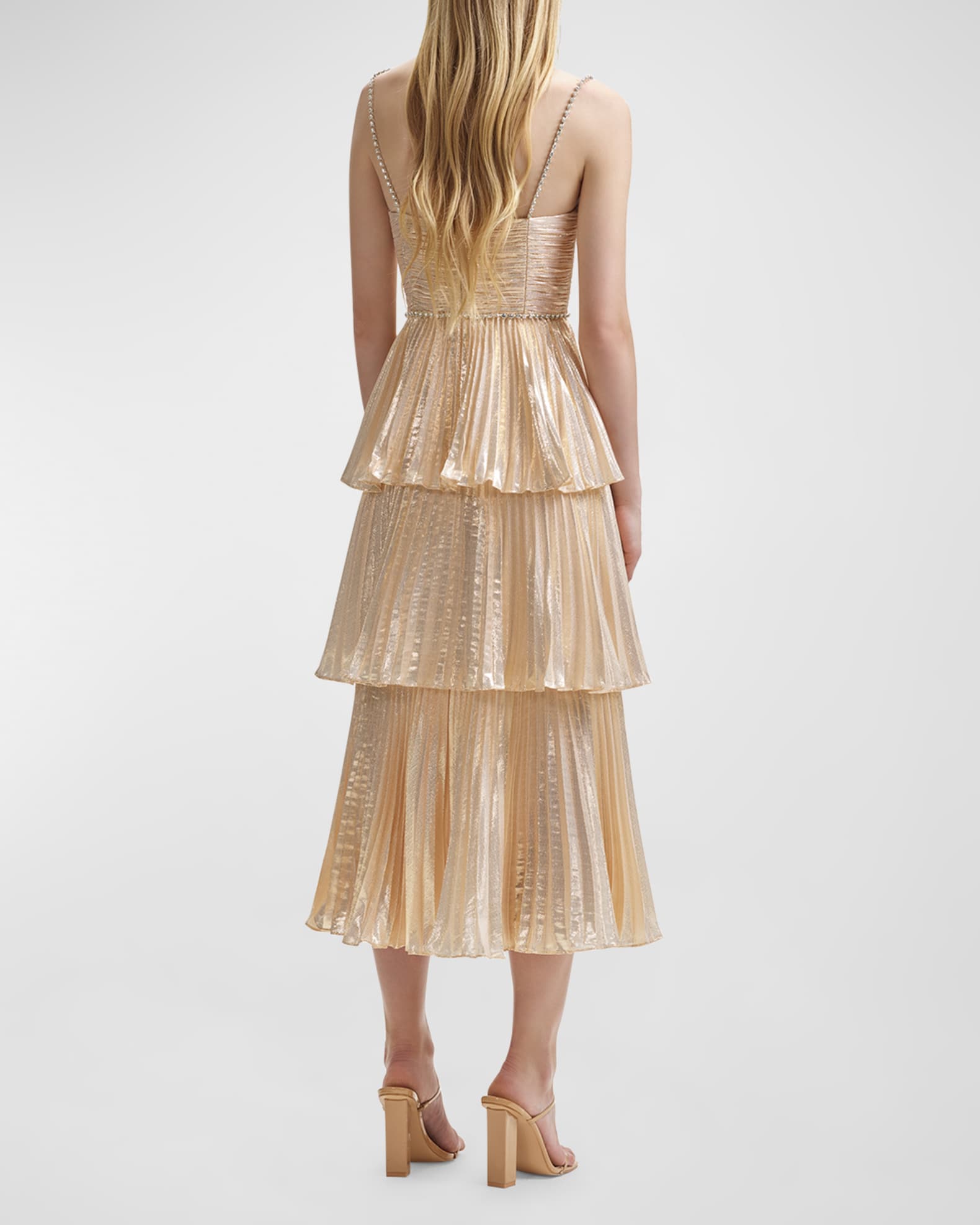 Self-Portrait Gold Metallic Tiered Diamante-Trim Midi Dress | Neiman Marcus