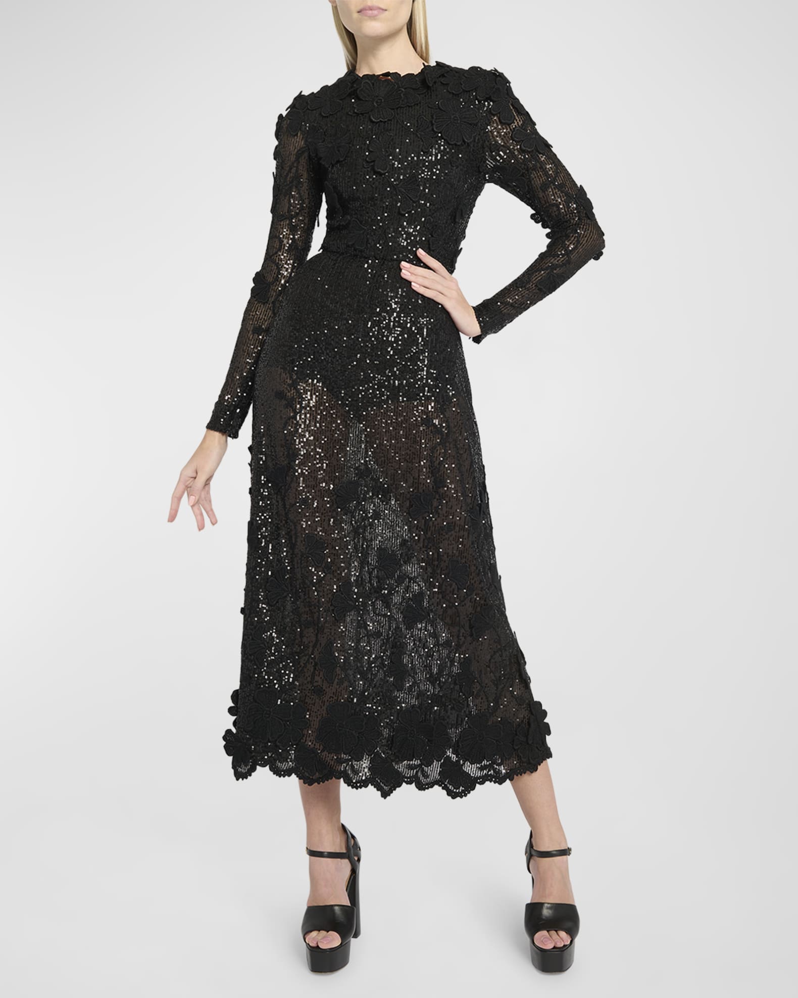 Elie Saab Embroidered Sequins Midi Dress with Floral Applique Details ...