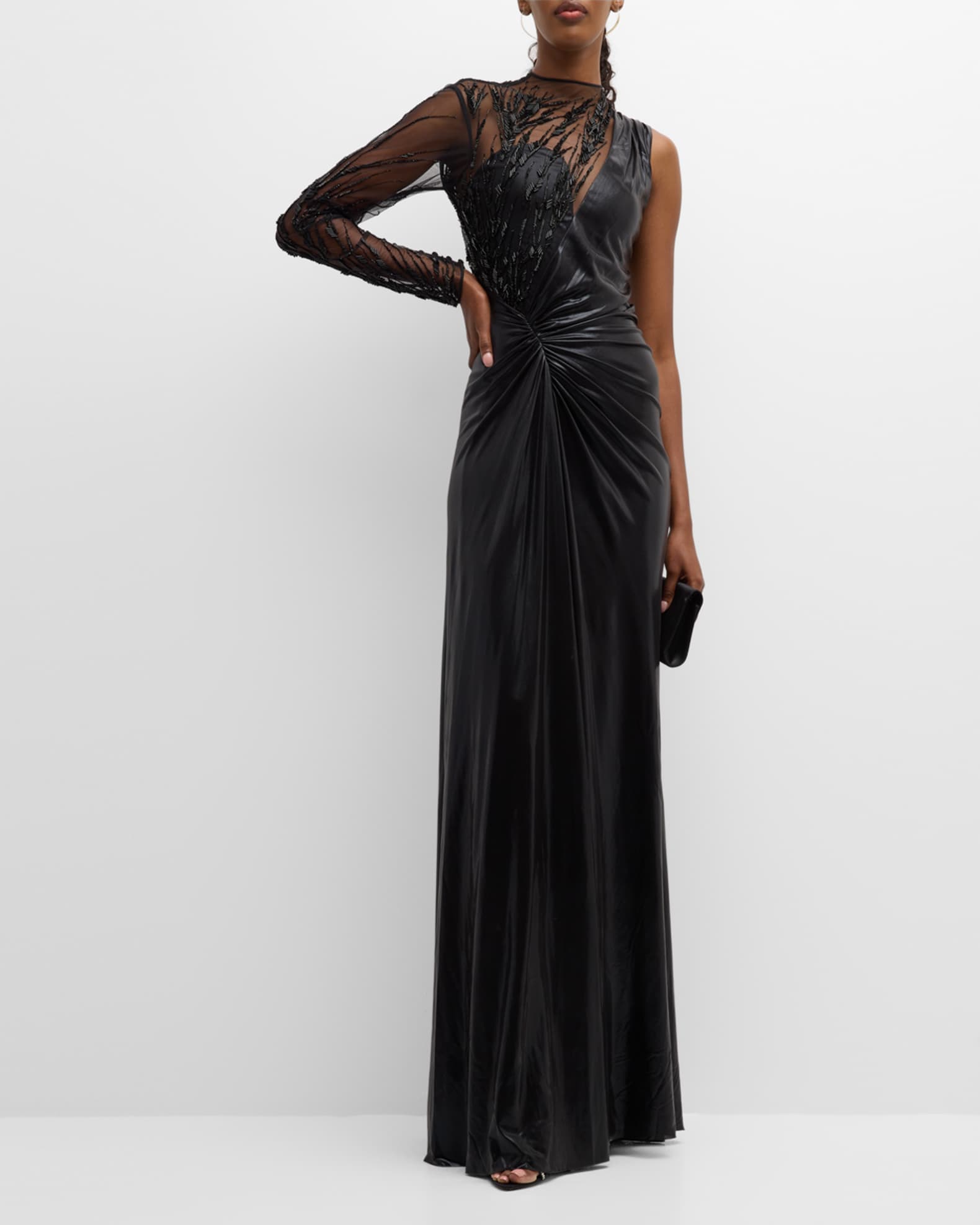Gaurav Gupta Temptress Beaded Draped-Slit Illusion Gown | Neiman Marcus