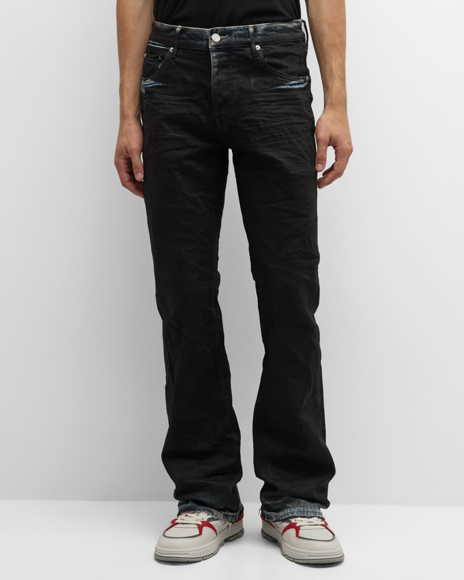 PURPLE Men's Dirty Coated Flare Jeans | Neiman Marcus