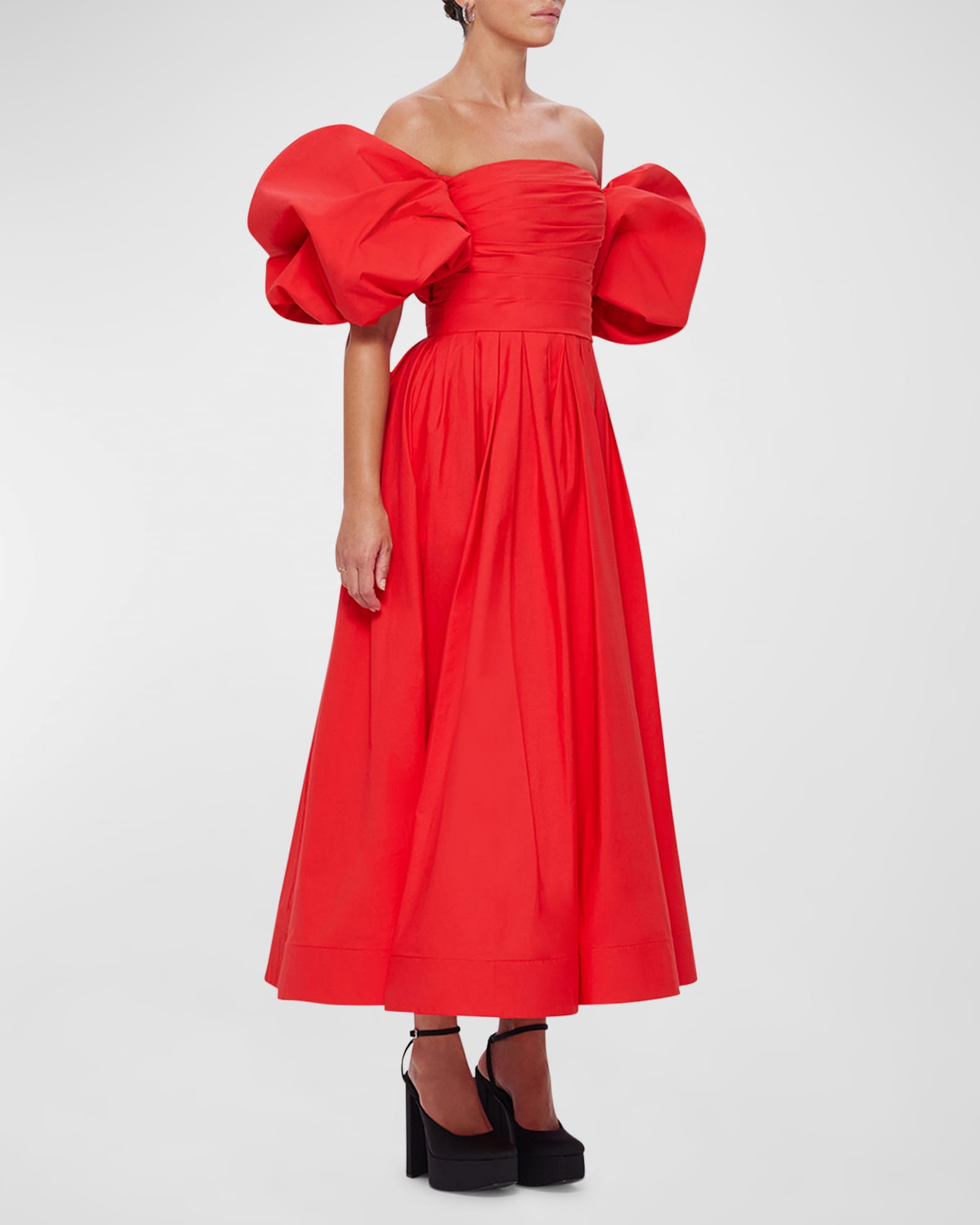 LEO LIN Matilda Off-Shoulder Puff-Sleeve Midi Dress | Neiman Marcus