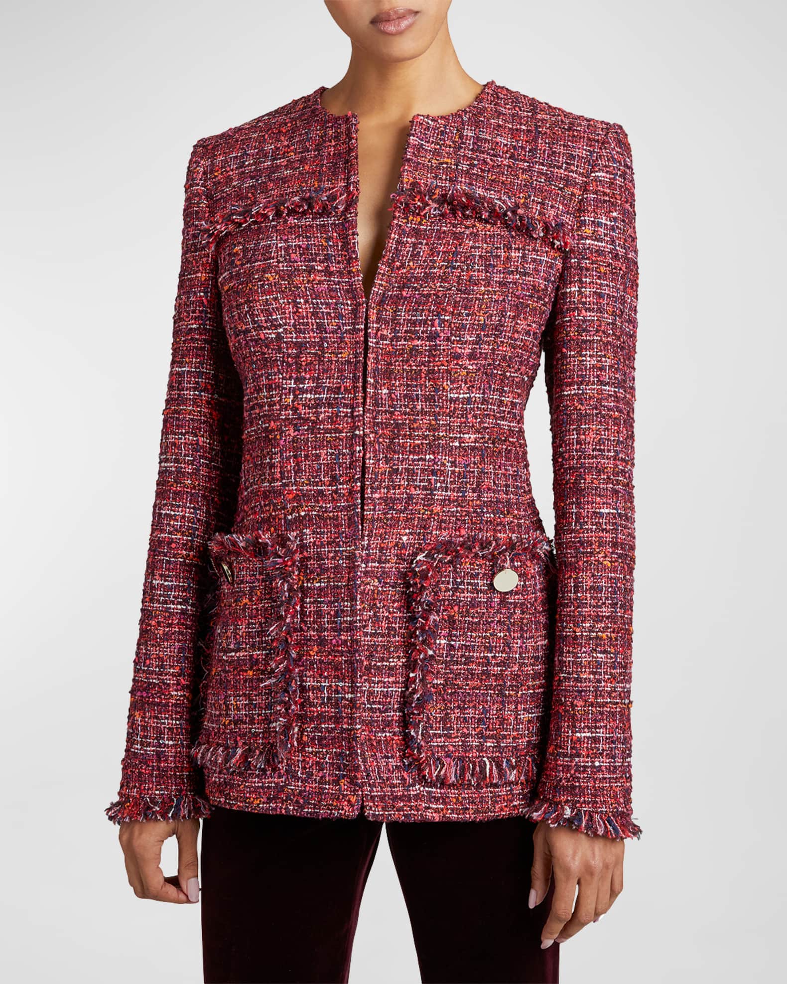 Santorelli Britt Tweed Fringe-Trim Jacket | Neiman Marcus