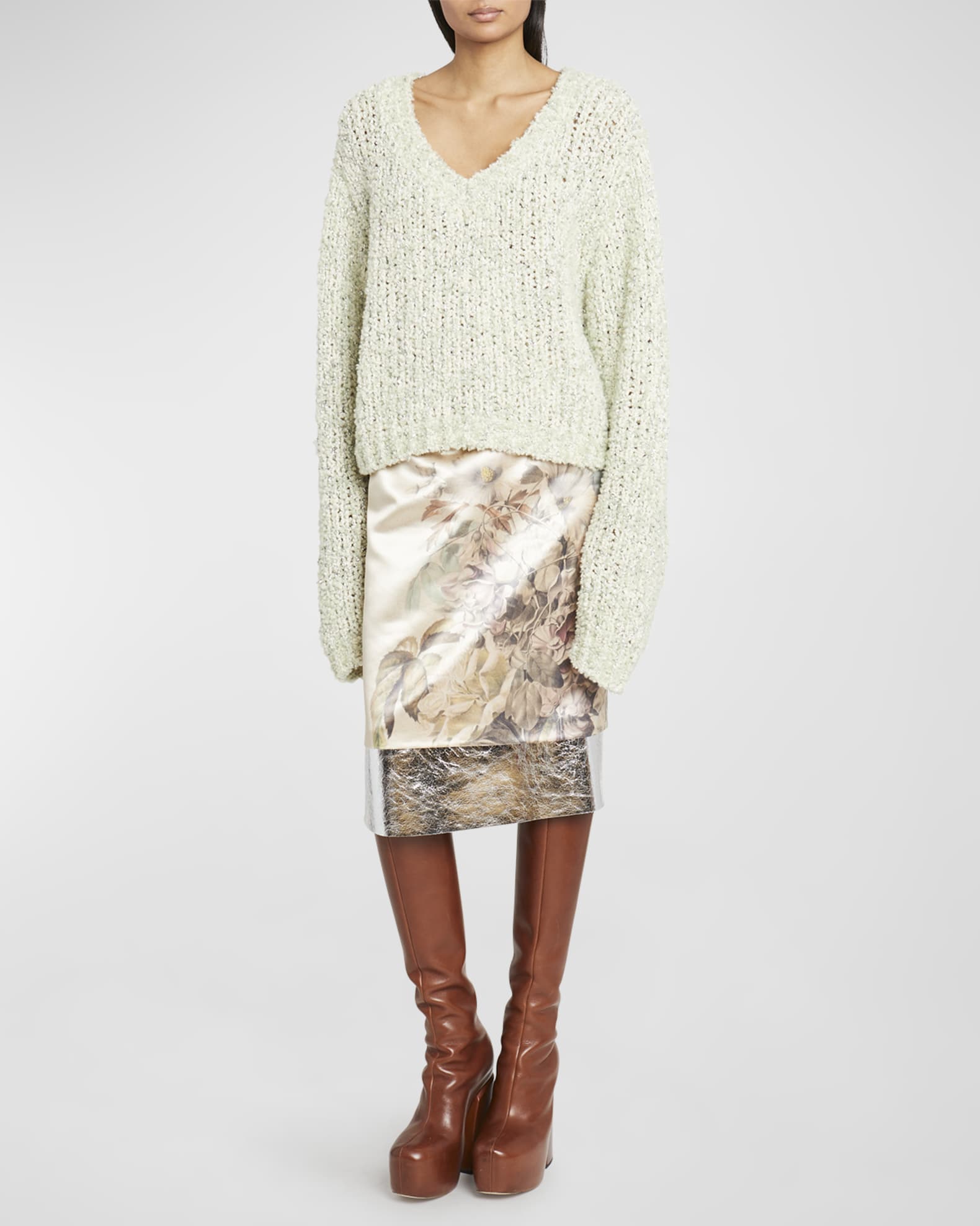 Dries Van Noten Teodora V-Neck Metallic Knit Sweater | Neiman Marcus