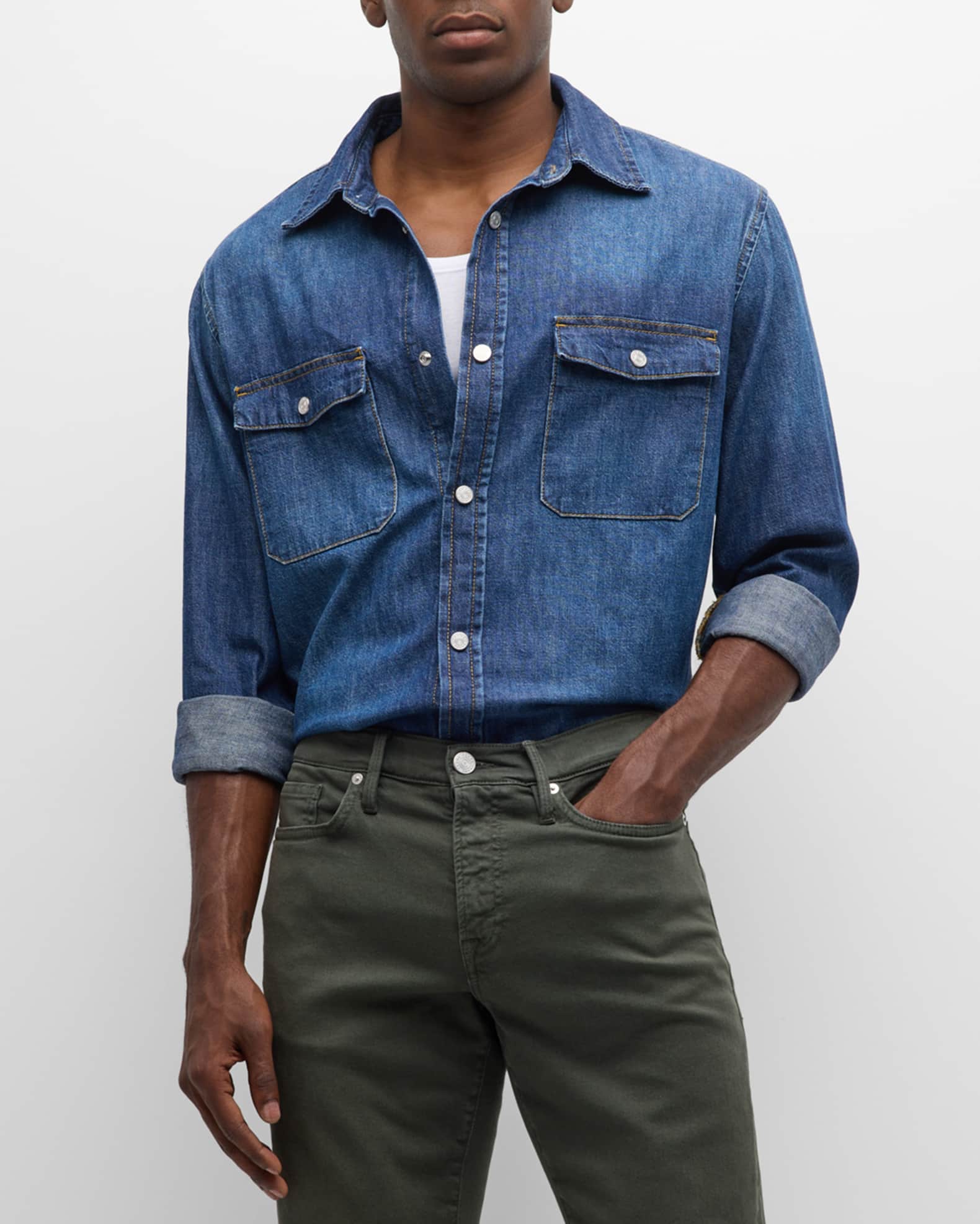 FRAME Men's Denim Snap-Front Shirt | Neiman Marcus